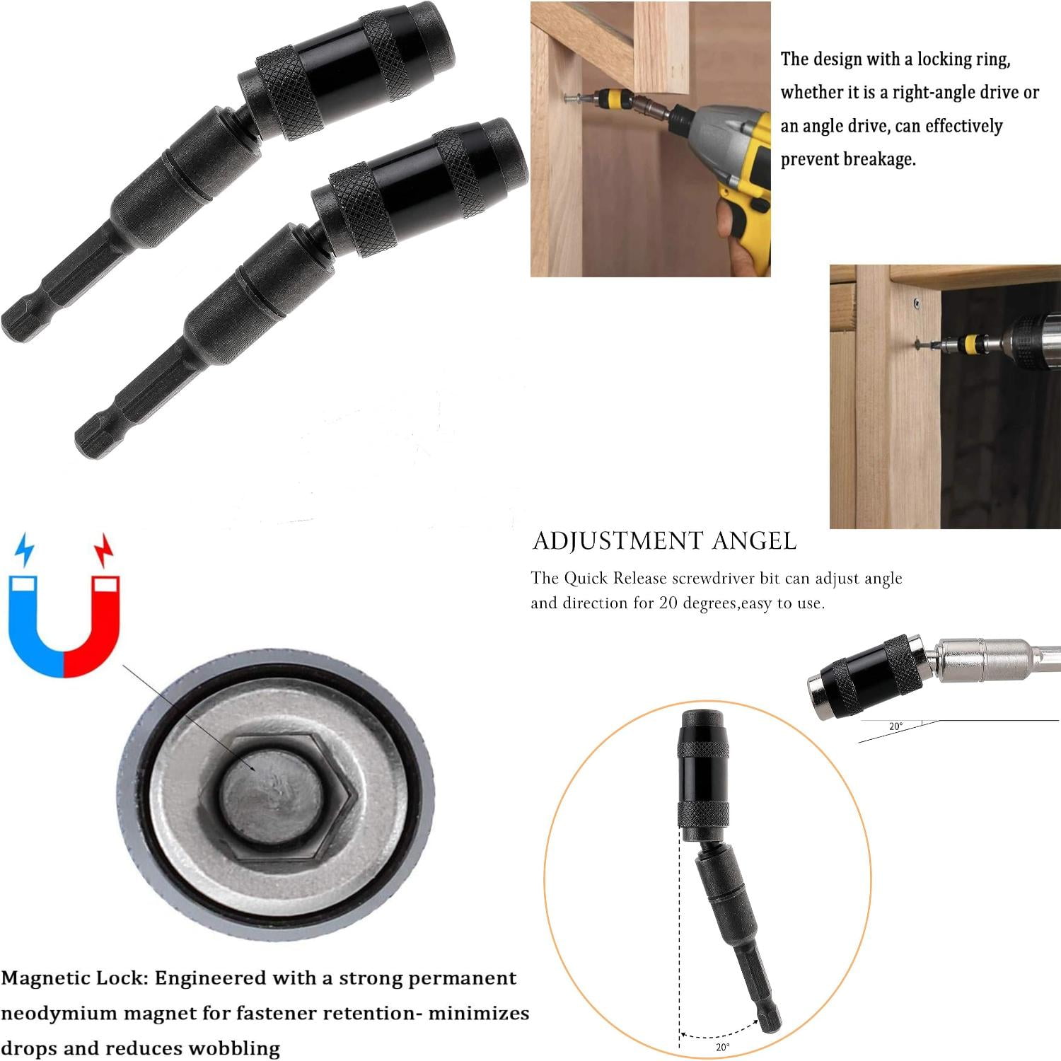 HUNXIAEI Flexible Magnetic Pivot Drill Bit Holder Set of 2 1/4” Quick ...