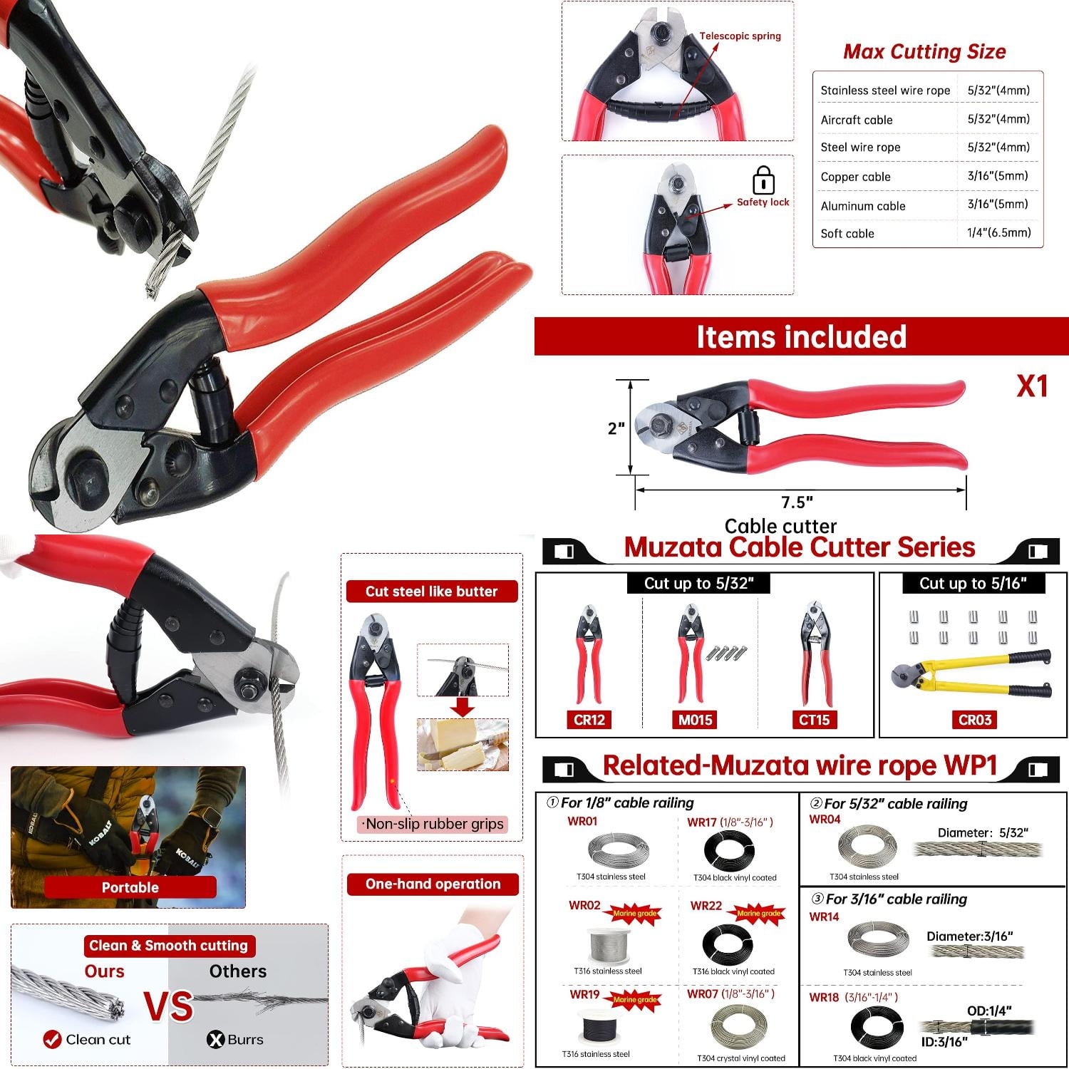 HUNXIAEI Heavy Duty Stainless Steel Muzata Cable Cutter for Deck Stair ...