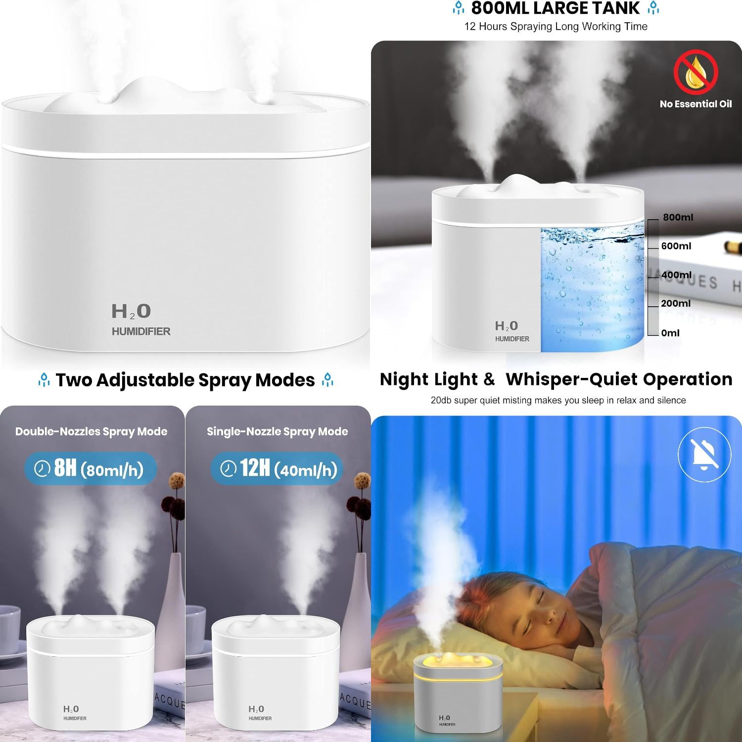 HUNXIAEI Portable Mini Cool Mist White Humidifier 800ml Small Plant ...