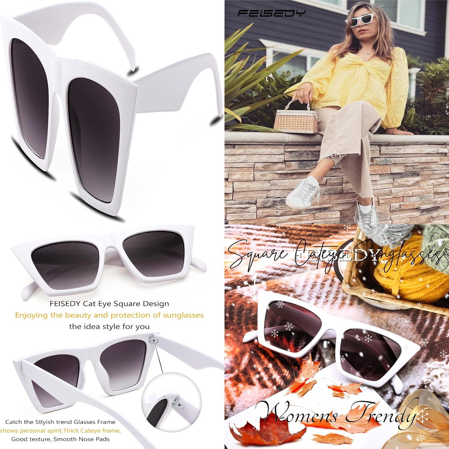 Hunxiaei Trendy Vintage Square Cat Eye Sunglasses For Women By Feisedy