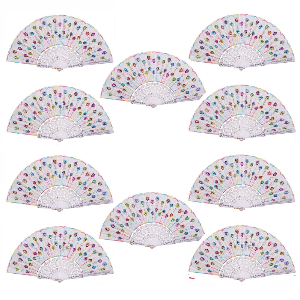 HUONA 10 Pieces Hand Folding Fan Sequin Embroidered Dance Fan Handheld ...
