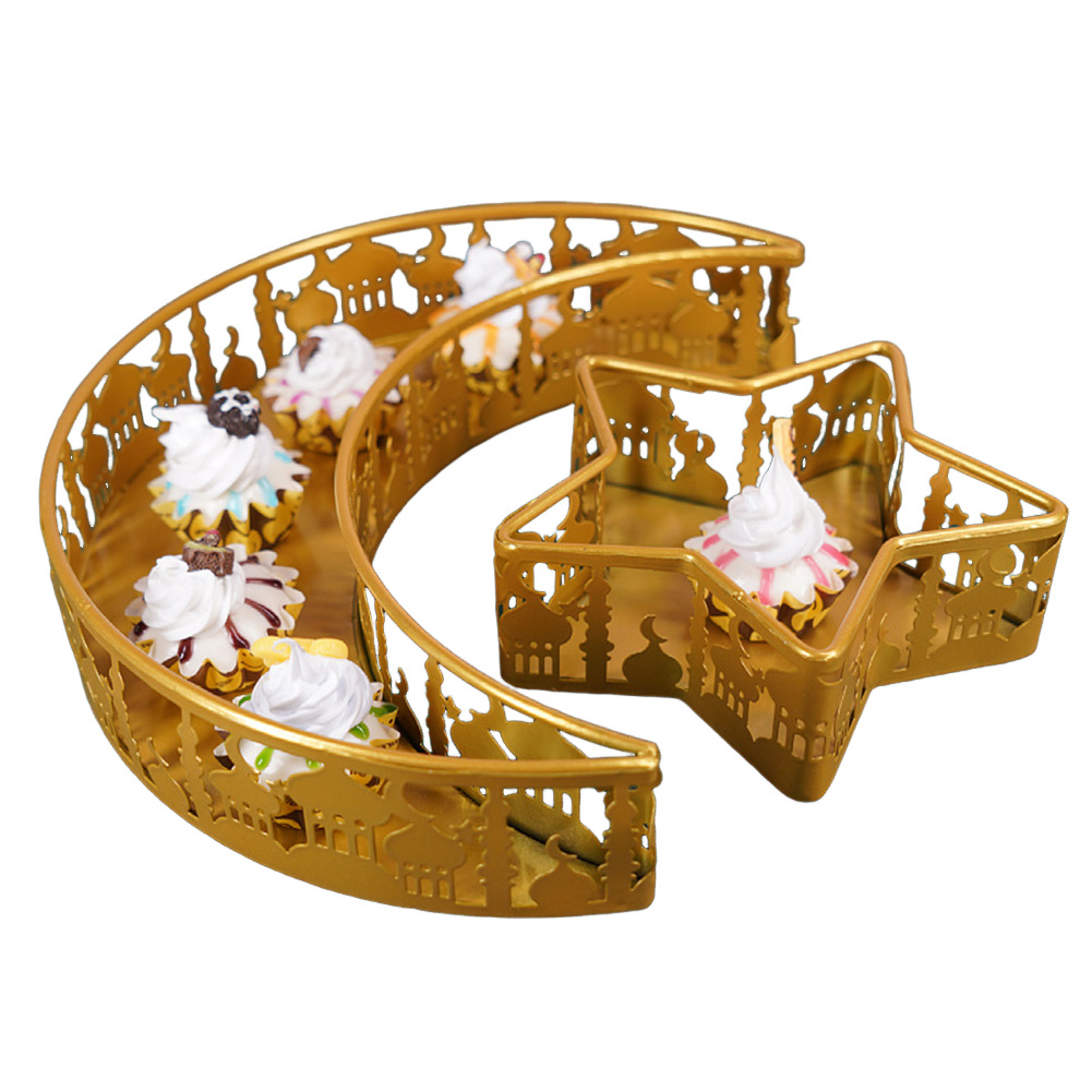 HUONA 2 Pcs Eid al Fitr Golden Crescent and Star Tray Set Metal Serving ...