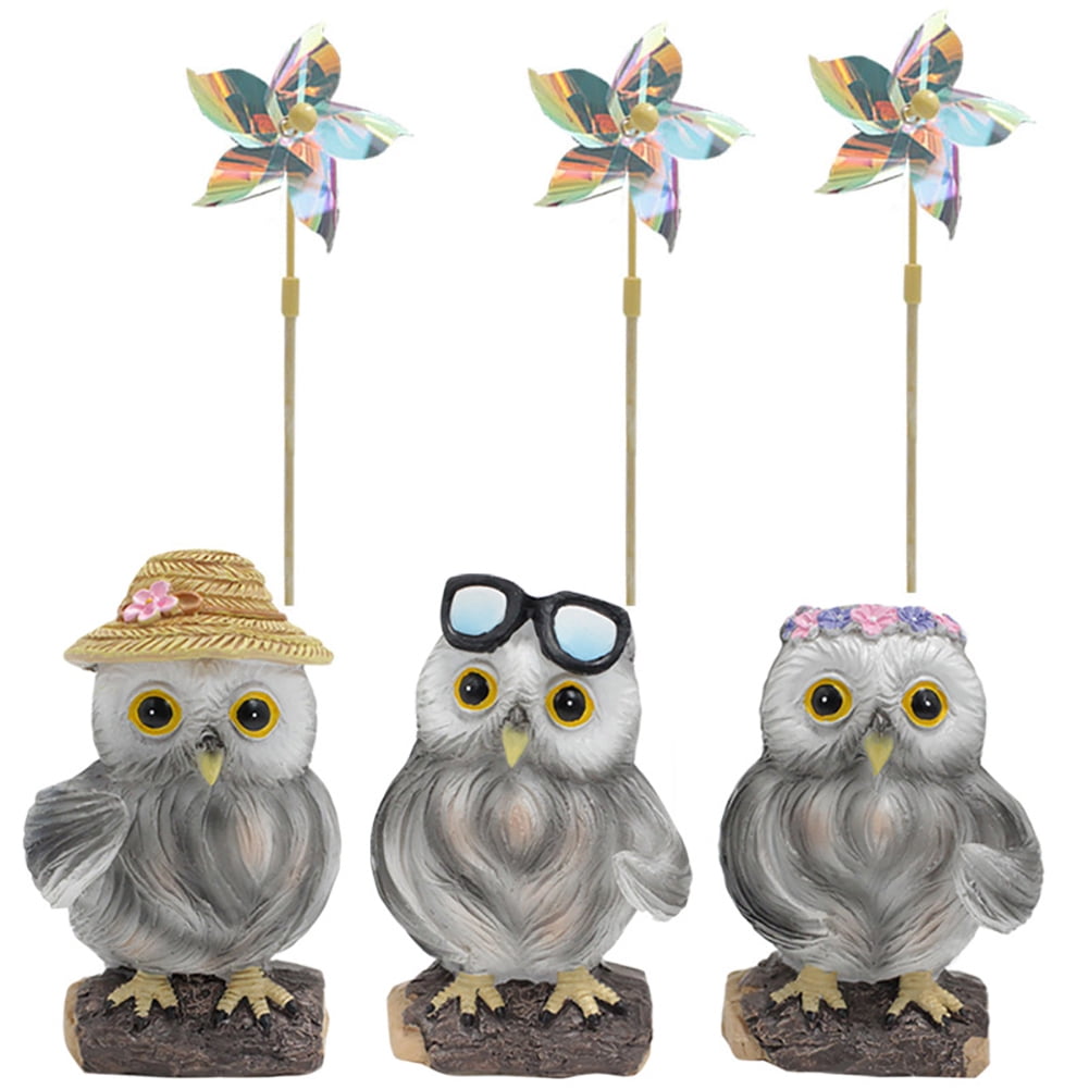HUONA 3Pcs Mini Owl Windmill Miniature Statue Colorful Reflective ...