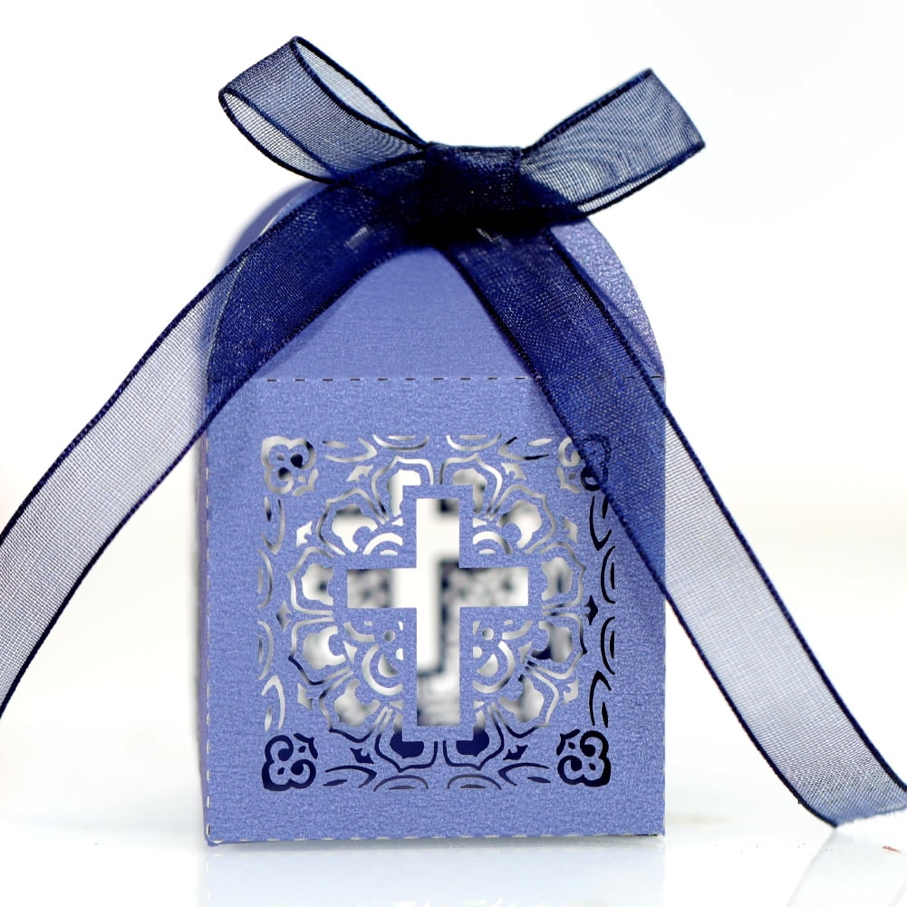 HUONA 50Pcs Candy Boxes with Ribbons Hollow Out Cross Candy Box ...