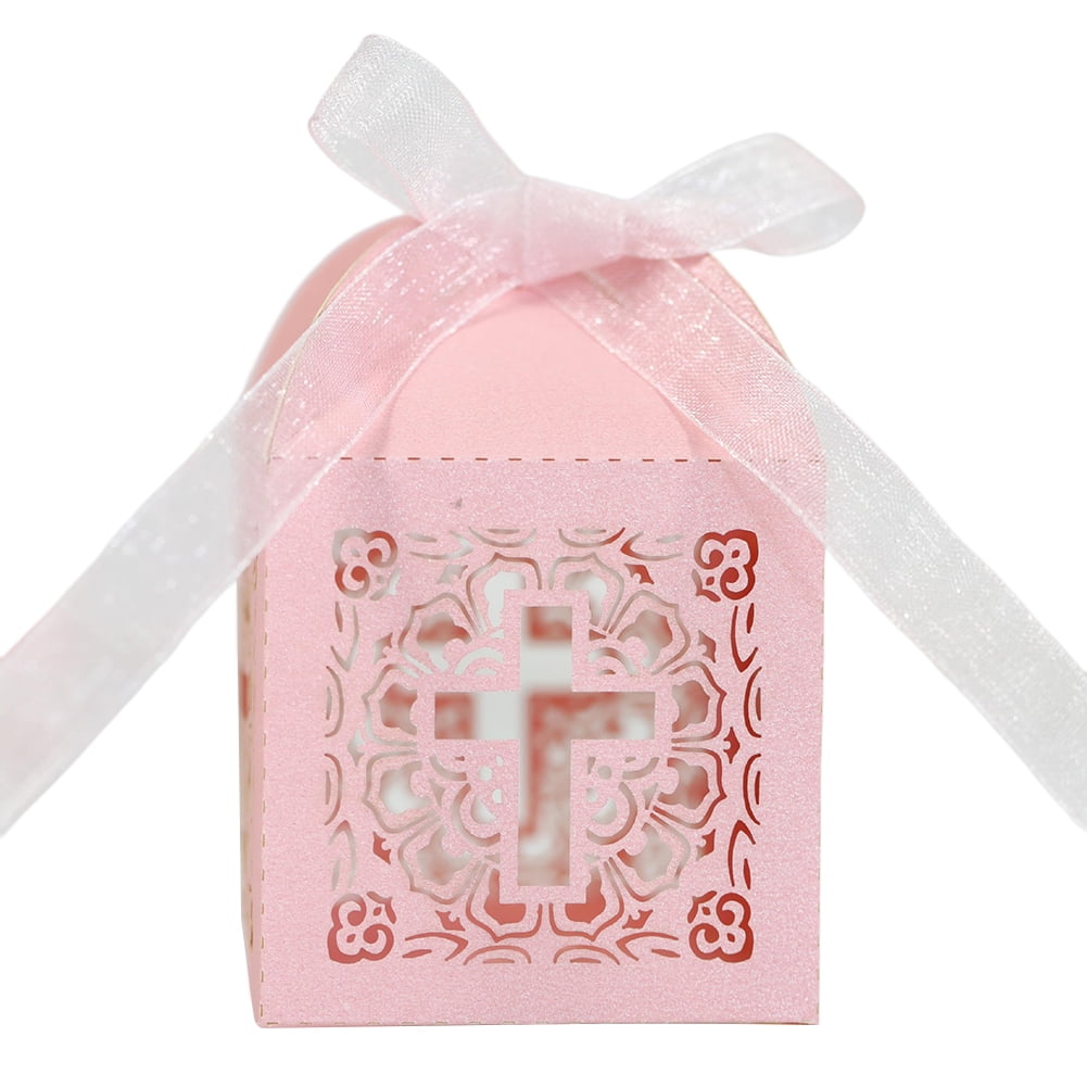 HUONA 50Pcs Candy Boxes with Ribbons Hollow Out Cross Candy Box ...