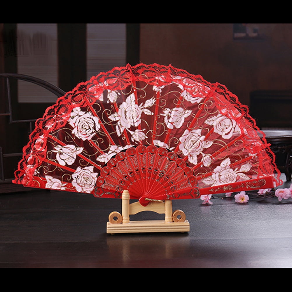 HUONA Folding Lace Fan Foldable Plastic Lace Fan Rose Lace Fan Cooling ...