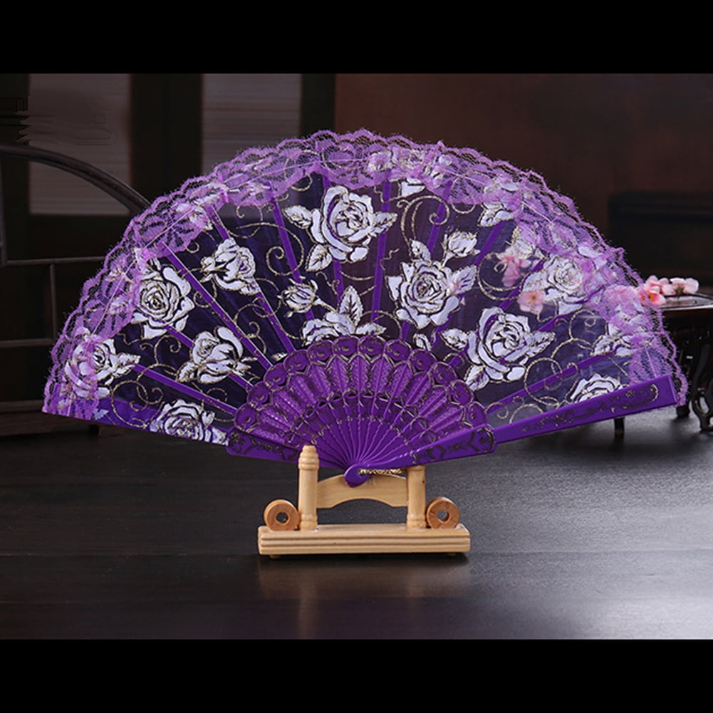 HUONA Folding Lace Fan Foldable Plastic Lace Fan Rose Lace Fan Cooling ...