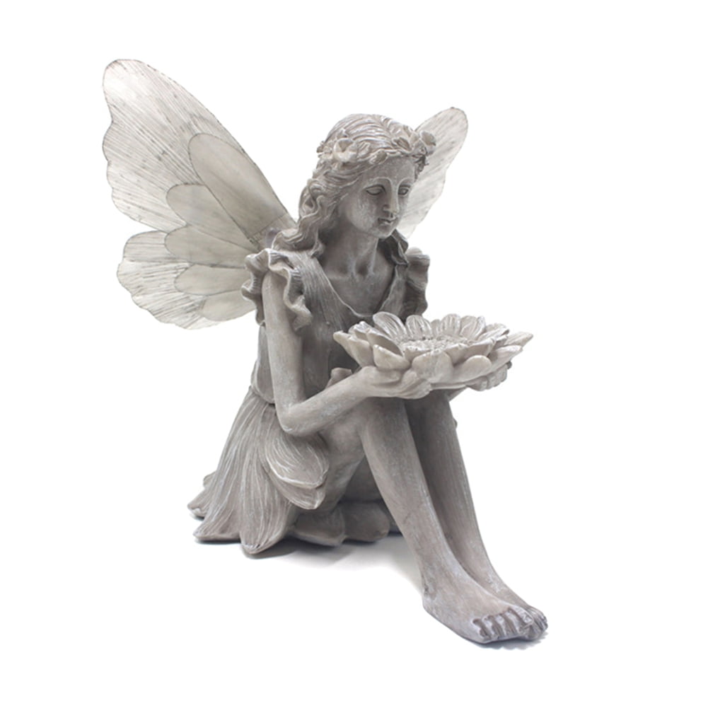 HUONA Solar Fairy Statue Bird Feeder Garden Resin Ornament Outdoor ...