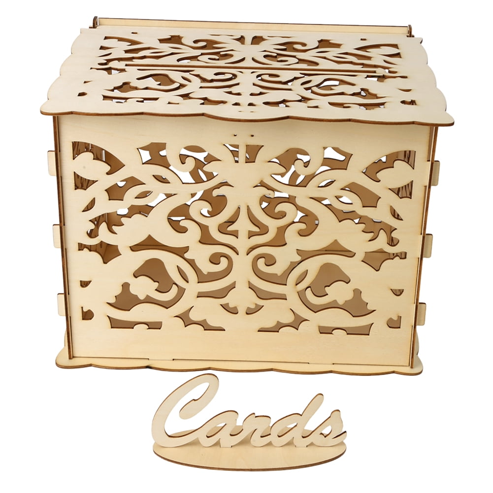 HUONA Wedding Card Box with Lock Wood Card Gift Box Plant Cutout DIY ...