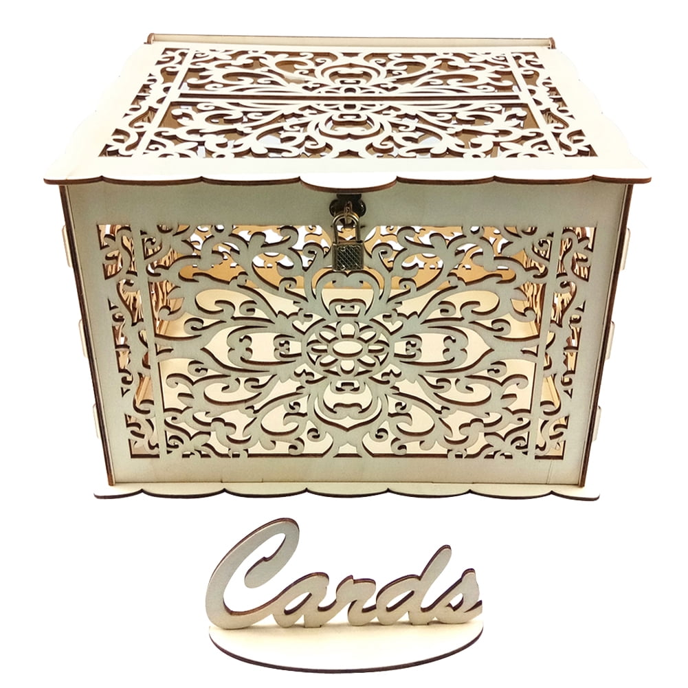 HUONA Wedding Card Box Wood Card Gift Boxes with Lock Botanical Cutout ...