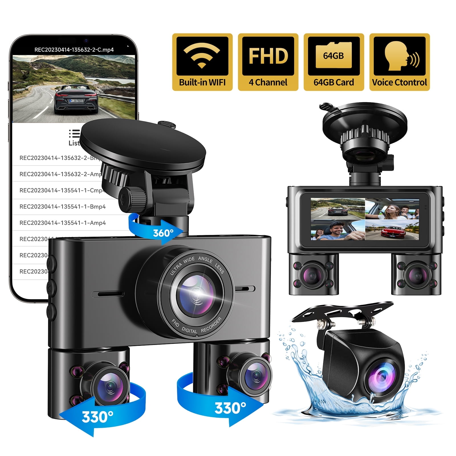 HUPEJOS 4 Channel Dash Cam Front and Rear Inside,Mini Car Camera with ...