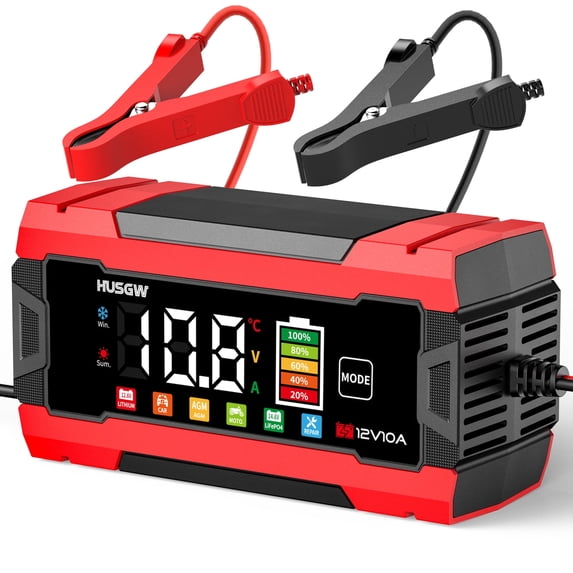 HUSGW 12V 10A Car And Motorcycle Battery Charger Color Screen Digital ...
