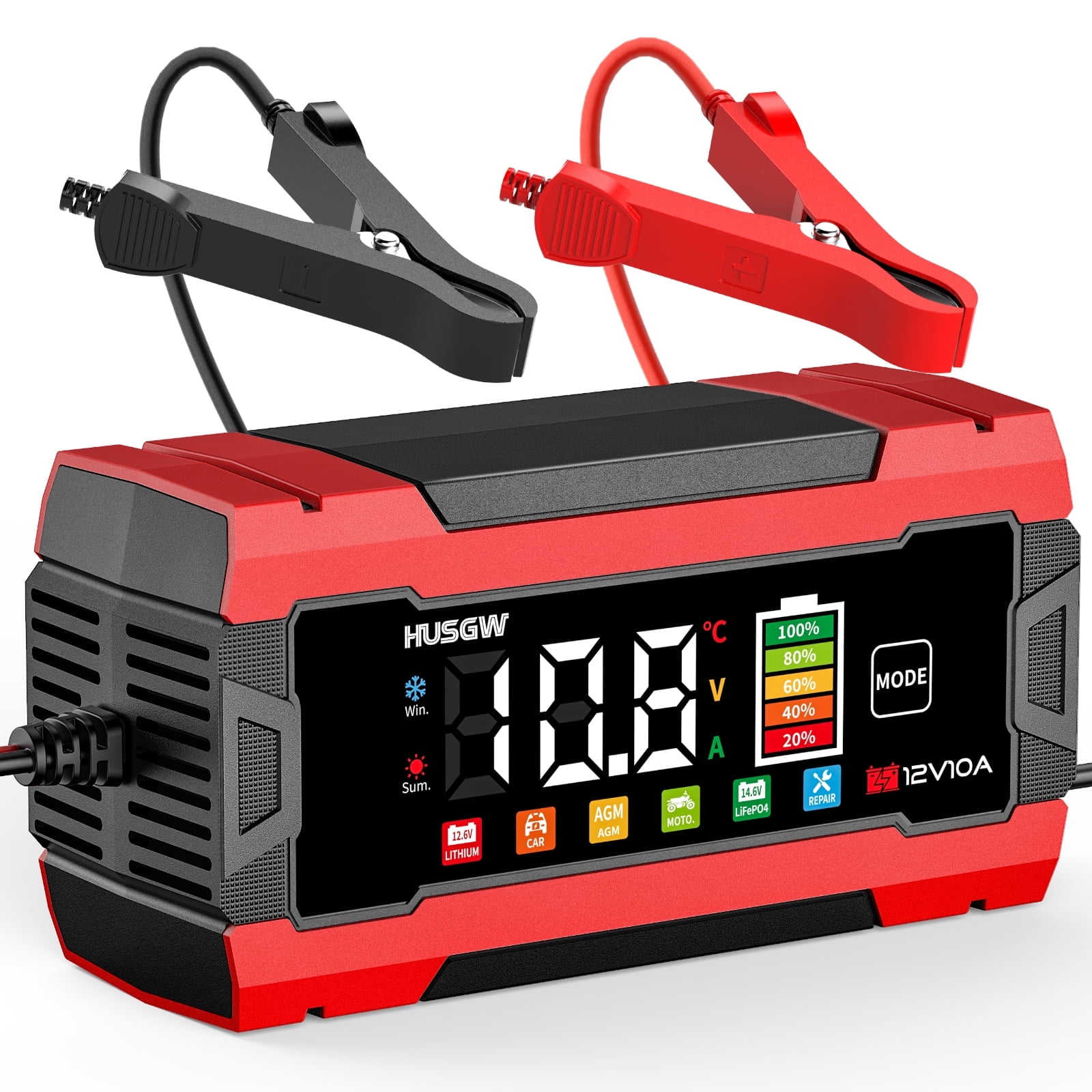 HUSGW 12V 10A Car And Motorcycle Battery Charger Color Screen Digital ...