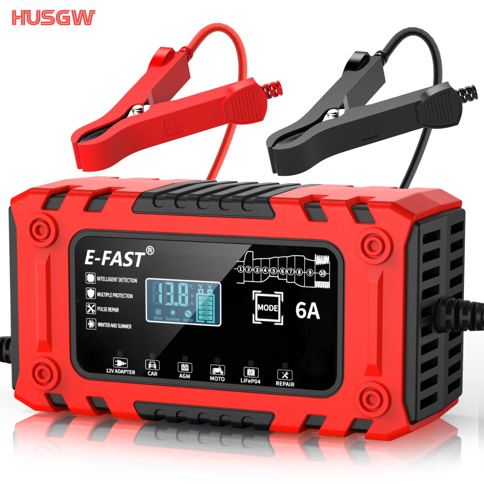 HUSGW 12V6A Car And Motorcycle Battery Charger Lead-Acid Battery Smart ...
