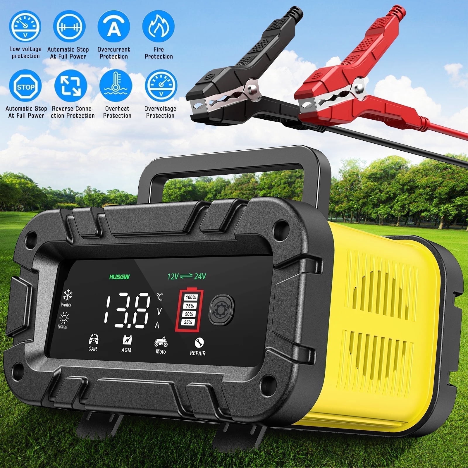 HUSGW 24V/12V/20A Car and Motorcycle Battery Charger Lead-Acid Battery ...