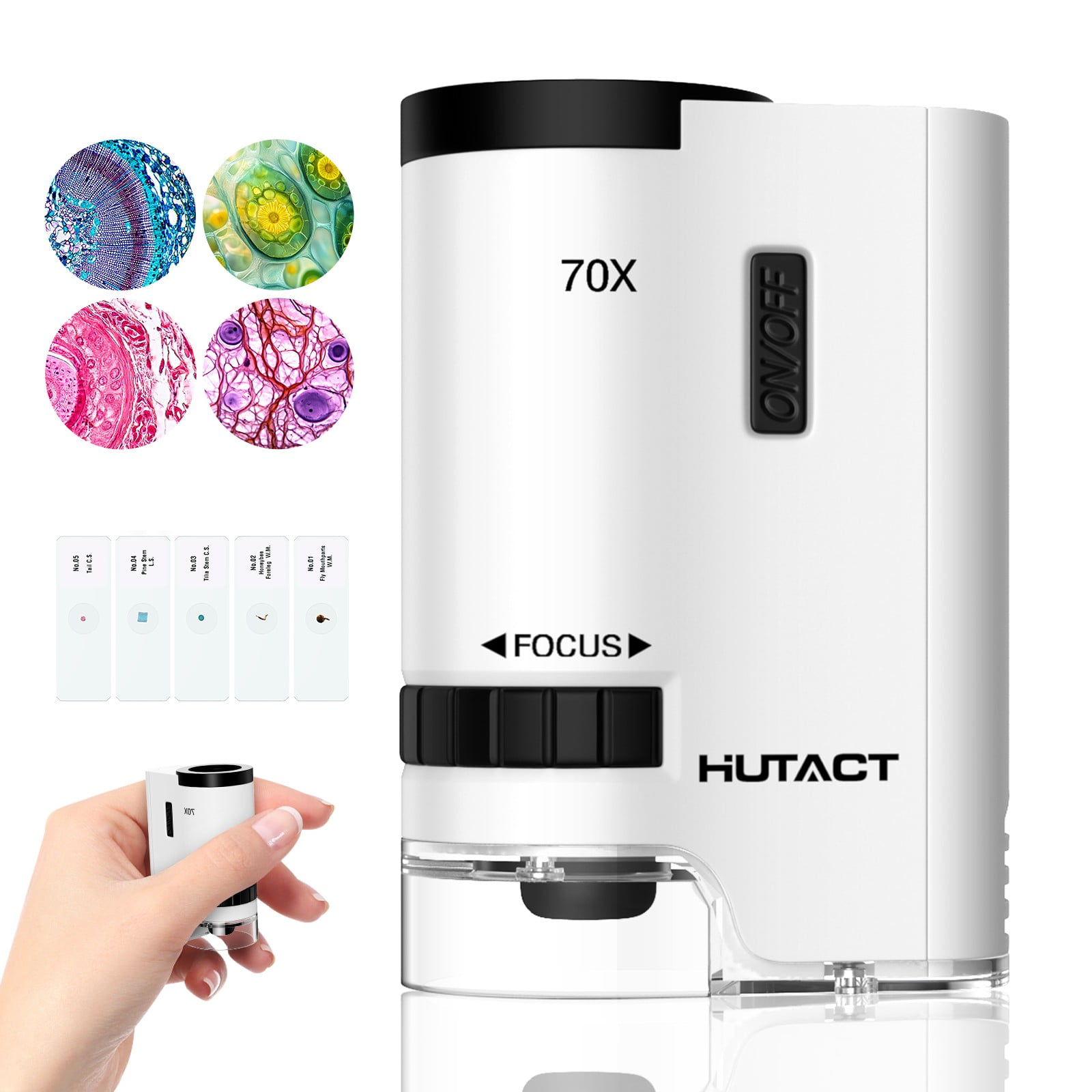 HUTACT Mini Microscope for Kids, 70x Pocket Microscope with 5pcs ...