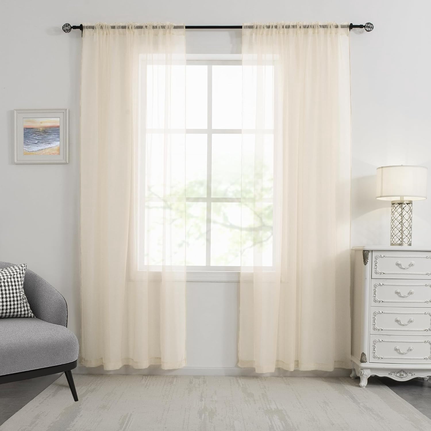 HUTO Beige Peach Ivory Cream Sheer Window Curtains 72 Inch Length Voile ...