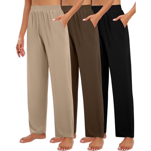 HUUKEAY 3 WOMEN'S LOUNGE PANTS, WIDE LEG, 3 Pack, Black, Brown, Khaki ...