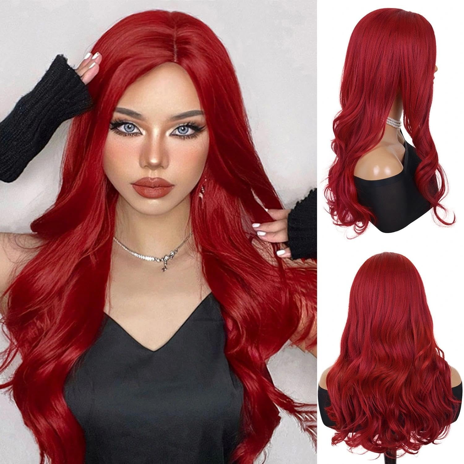 HUVBNAWQ-23 Inch Gorgeous Long Curly Wig in Vivid Red Cosplay Poison ...