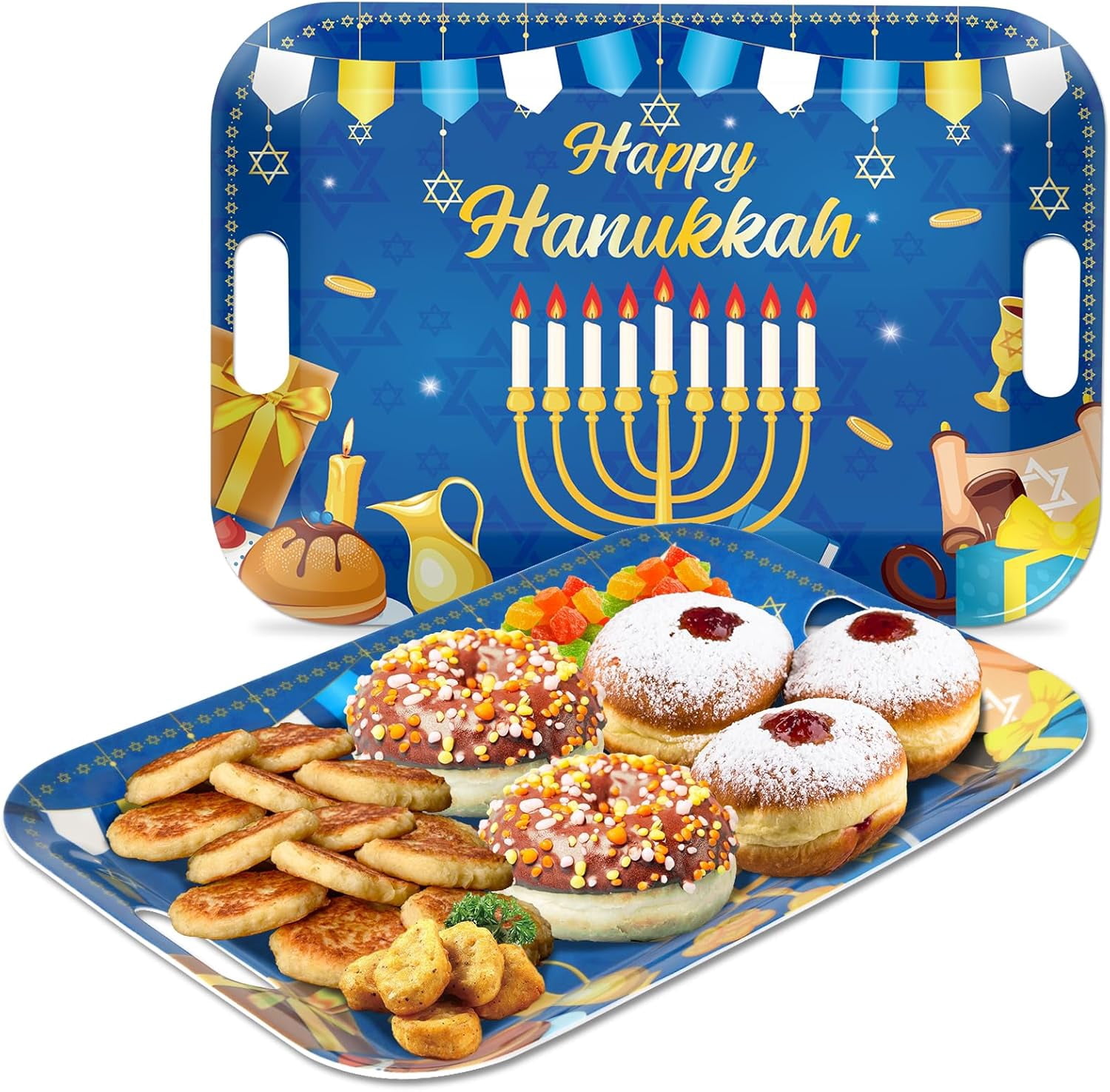 HUVBNAWQ-2Pcs Happy Hanukkah Serving Trays with Handles 16 x 11 Inch ...