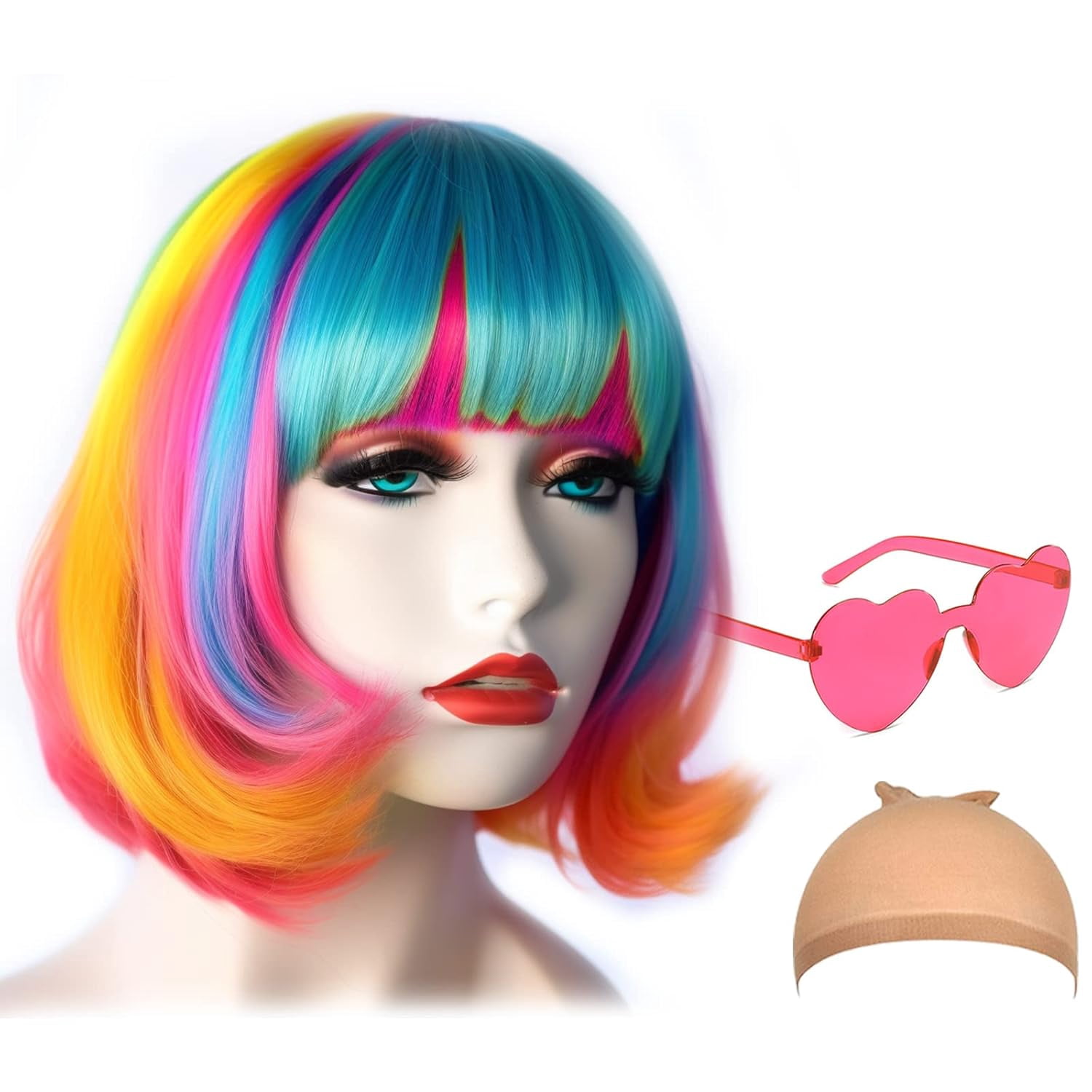 HUVBNAWQ-Short Bob Hair Wigs Straight with Flat Bangs Synthetic ...