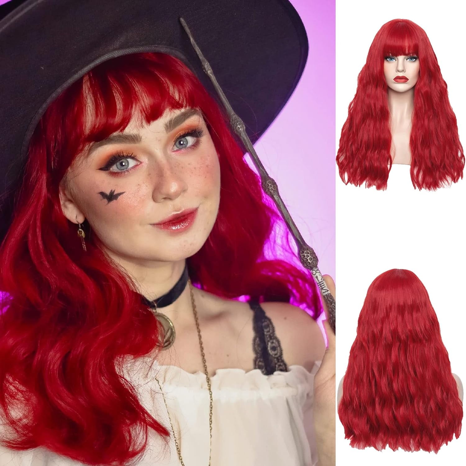 HUVBNAWQ-Women's Red Wig 22''Long Curly Wavy Wig Shoulder Length Flat ...
