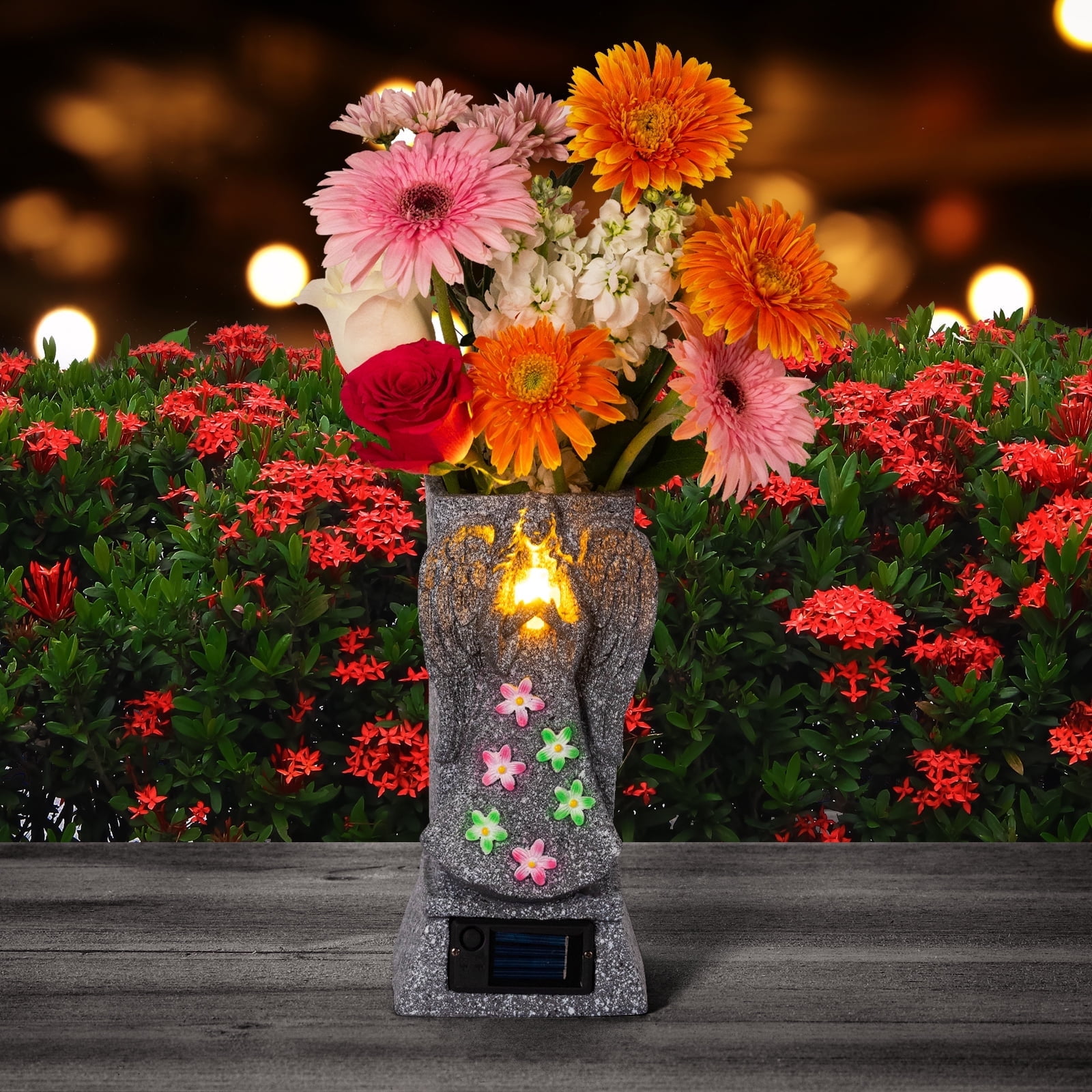 HUYIENO Solar Cemetery Grave Vase with LED for Fresh/Artificial Flowers ...
