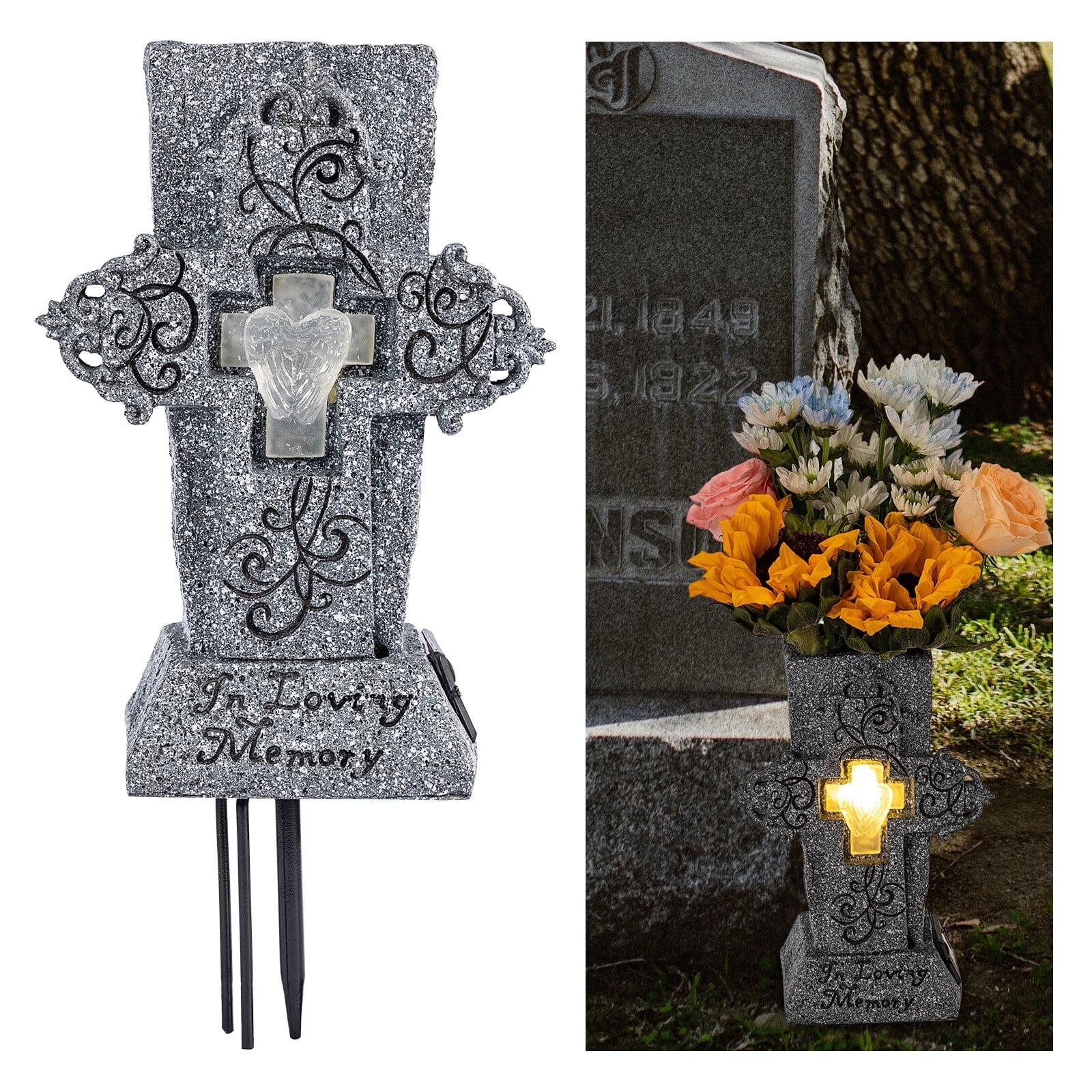 HUYIENO Solar Cemetery Vase with LED for Fresh/Artificial Flowers Grave ...