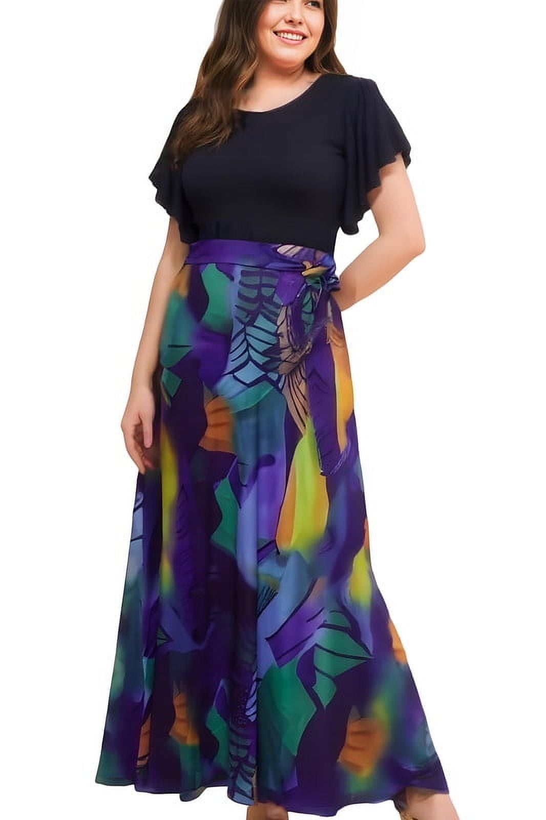 HVEOO Boho Floral Ruffle Hem Maxi Dress - Women's Short Sleeve Spring ...