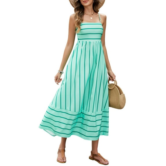 HVEOO Women Flowy Stripe Maxi Dress, Adjustable Spaghetti Strap ...
