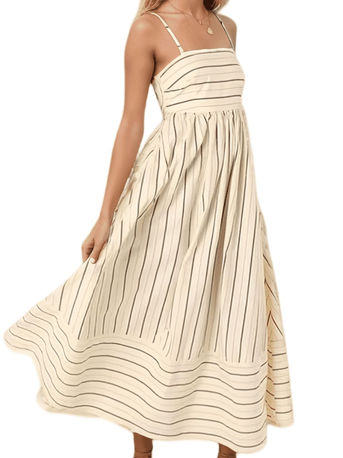 HVEOO Women's Summer Striped Spaghetti Strap Maxi Dress Boho Smocked ...