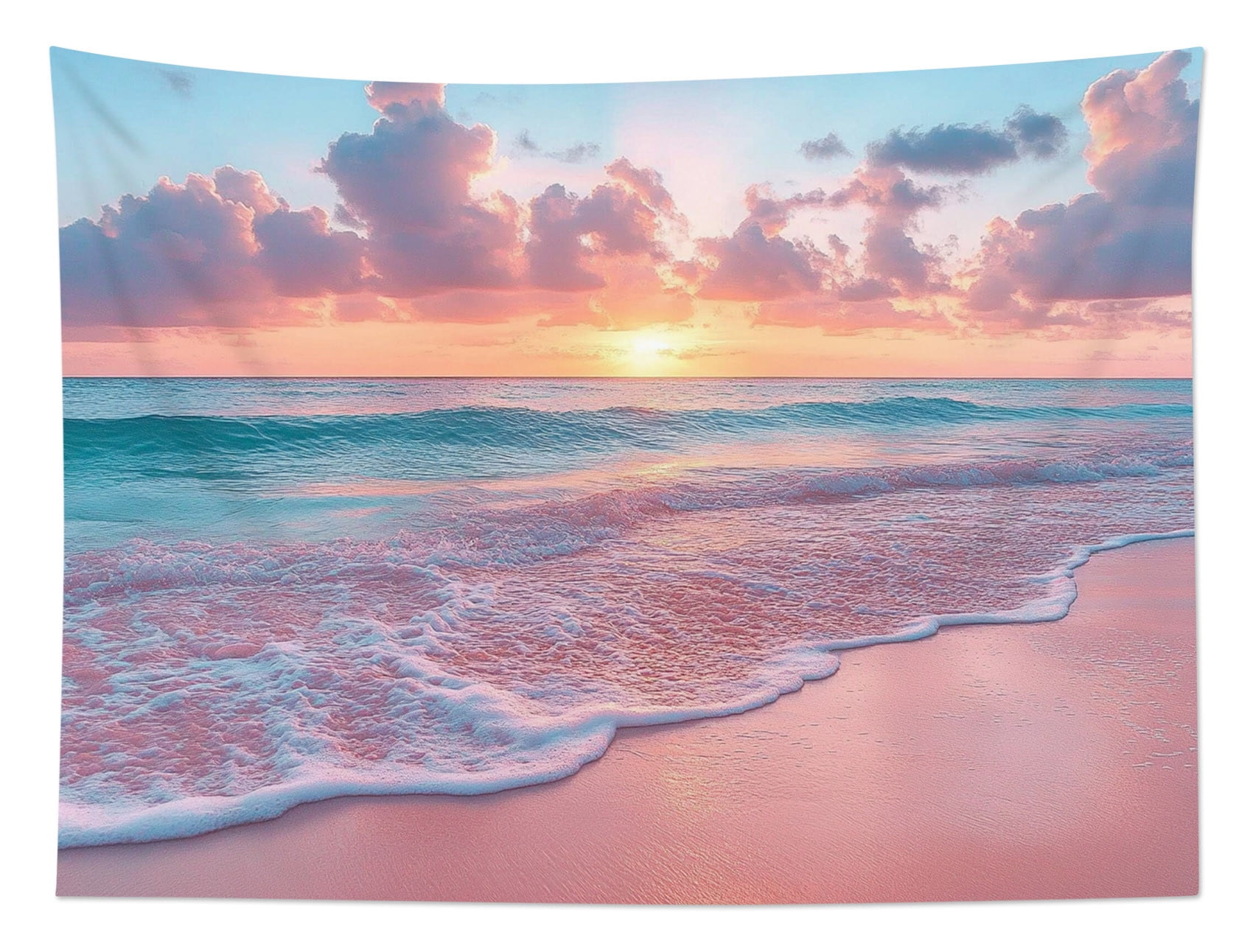 HVEST Beach Sunset Tapestry Wall Hanging Ocean Wave and Pink Sky Cloud ...