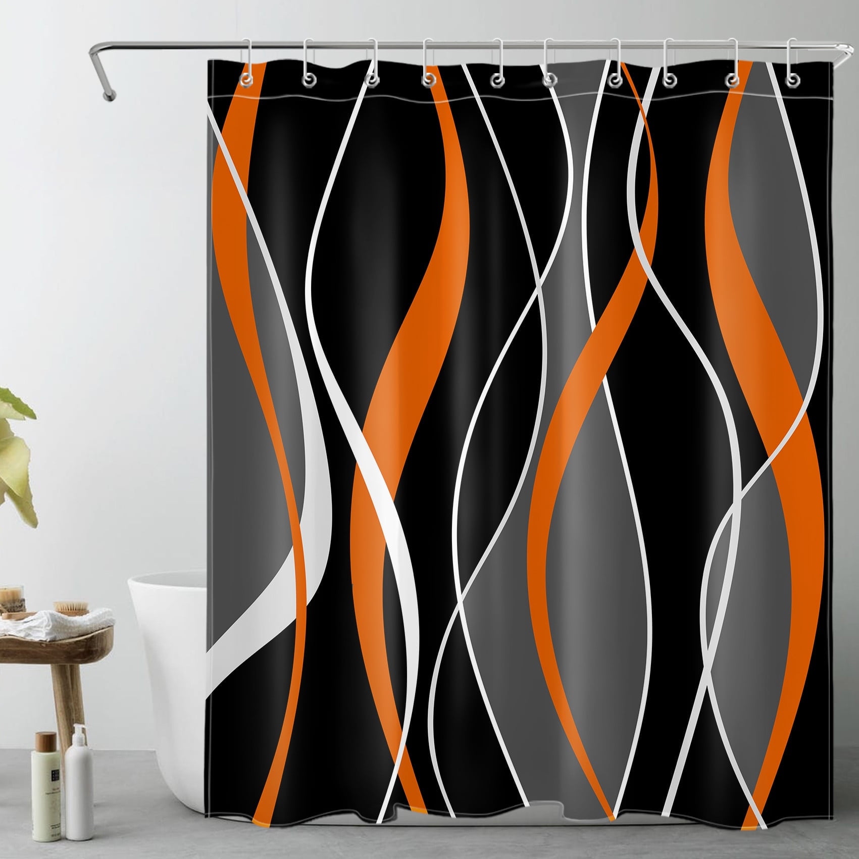 HVEST Black Geometric Shower Curtain with Abstract Orange Black and Gray Line Design - Modern ...