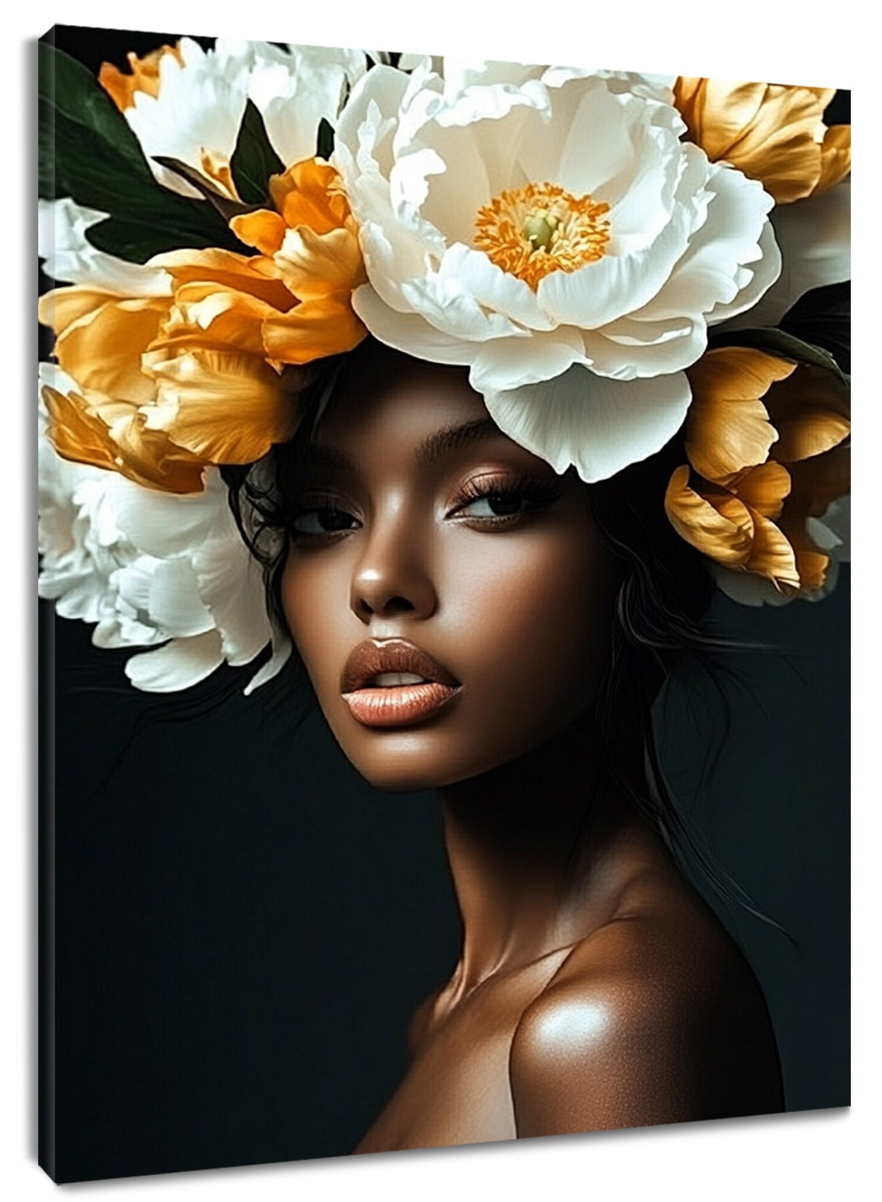 HVEST Black Girl Wall Art, African American Black Woman with Flower Canvas Wall Art, Black and ...