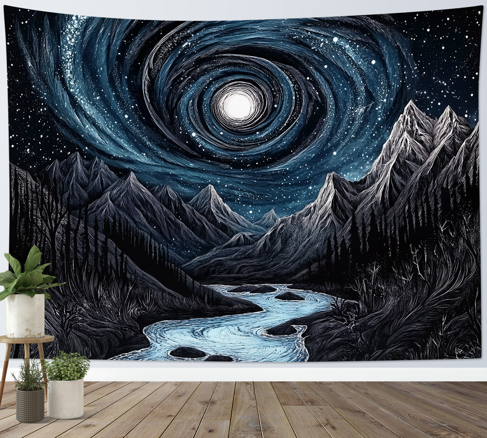 HVEST Black and White Mountain Tapestry Wall Hanging Galaxy Sky Forest ...