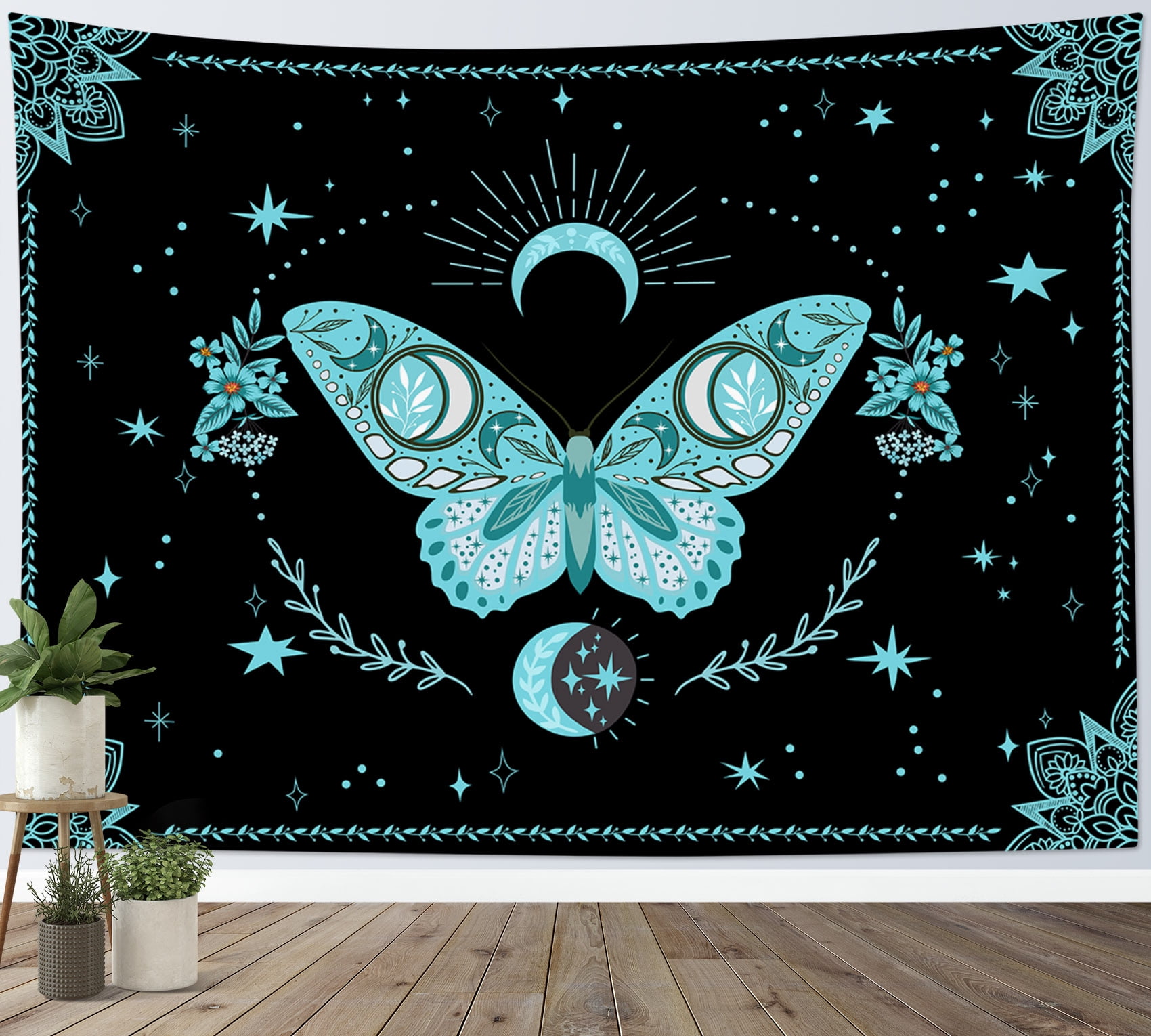 HVEST Blue Butterfly Tapestry Wall Hanging Vintage Boho Moon and Star ...