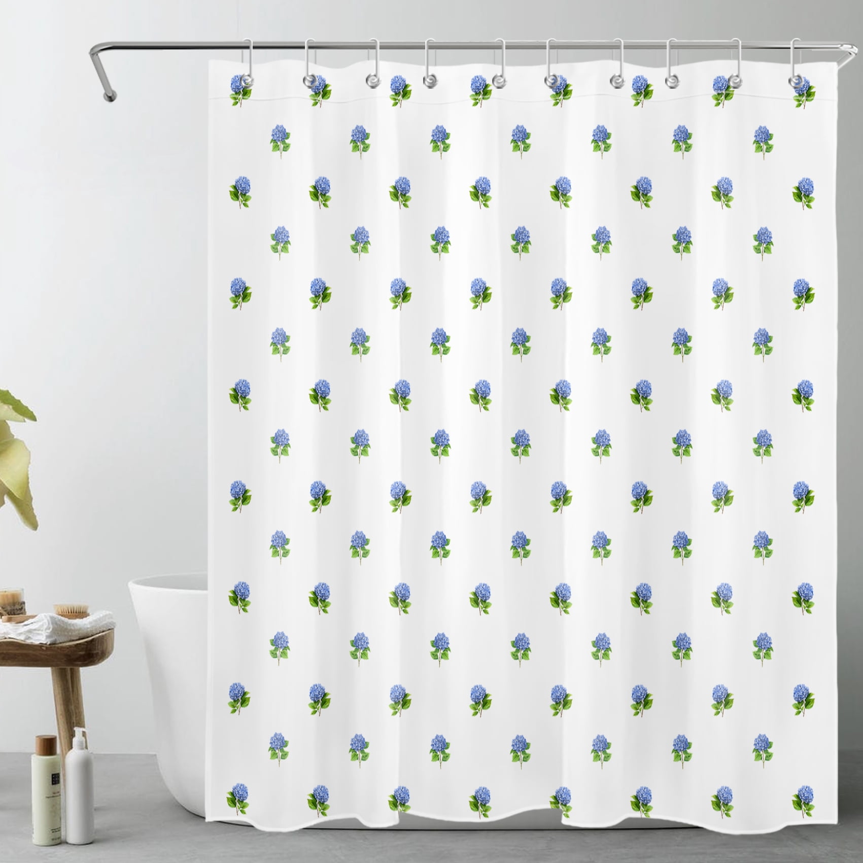 HVEST Blue Hydrangea Shower Curtain, Blue and White Floral Shower ...