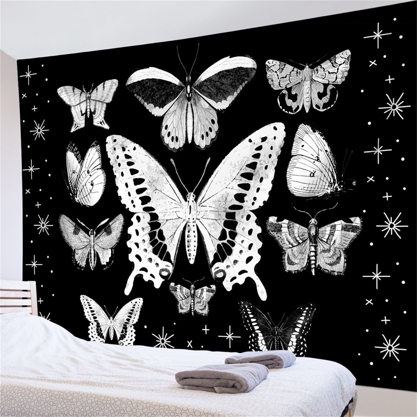 HVEST Butterfly Tapestry Black and White Moth with Starry Sky Aesthetic ...