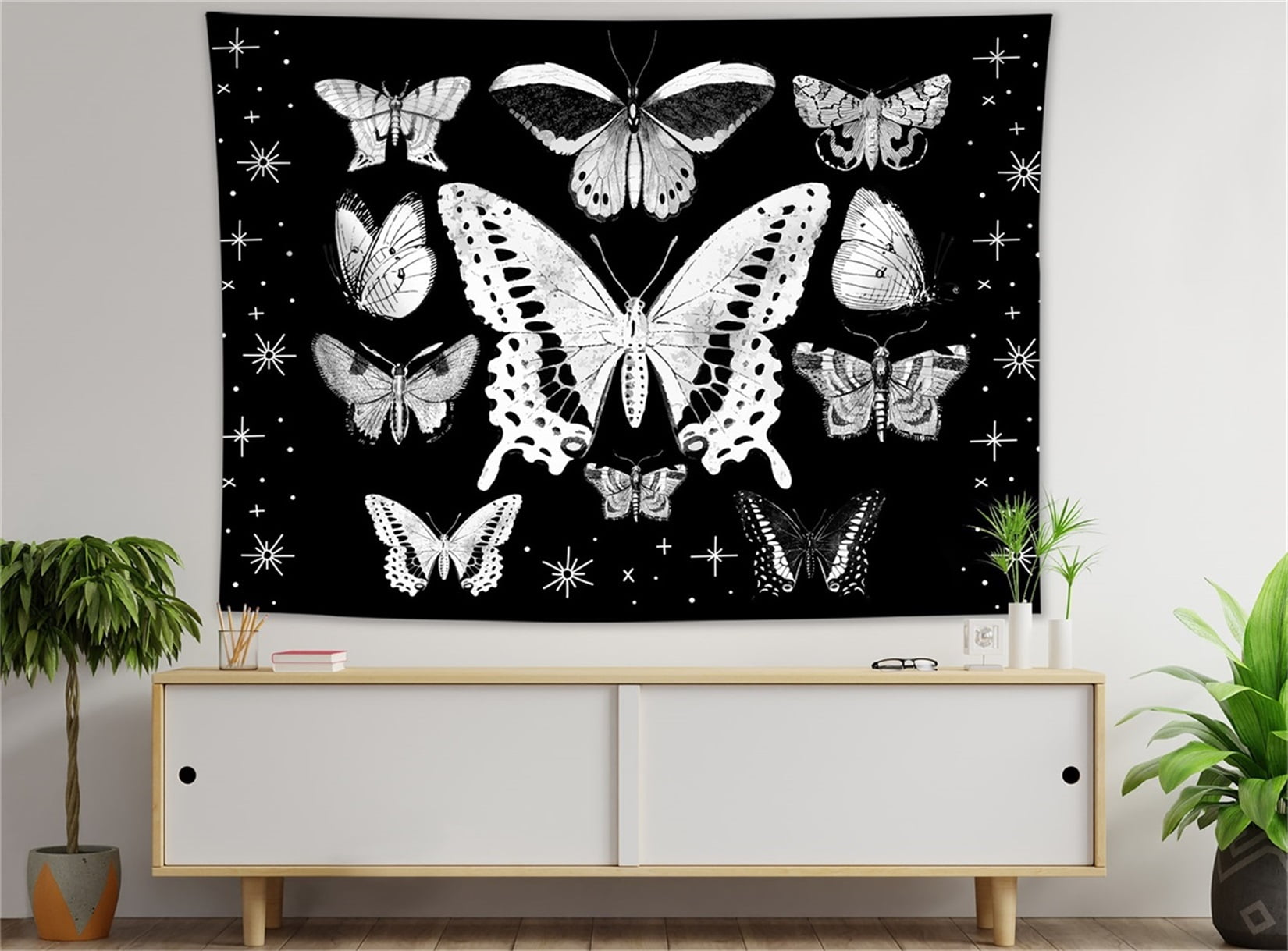 HVEST Butterfly Tapestry Black and White Moth with Starry Sky Aesthetic ...