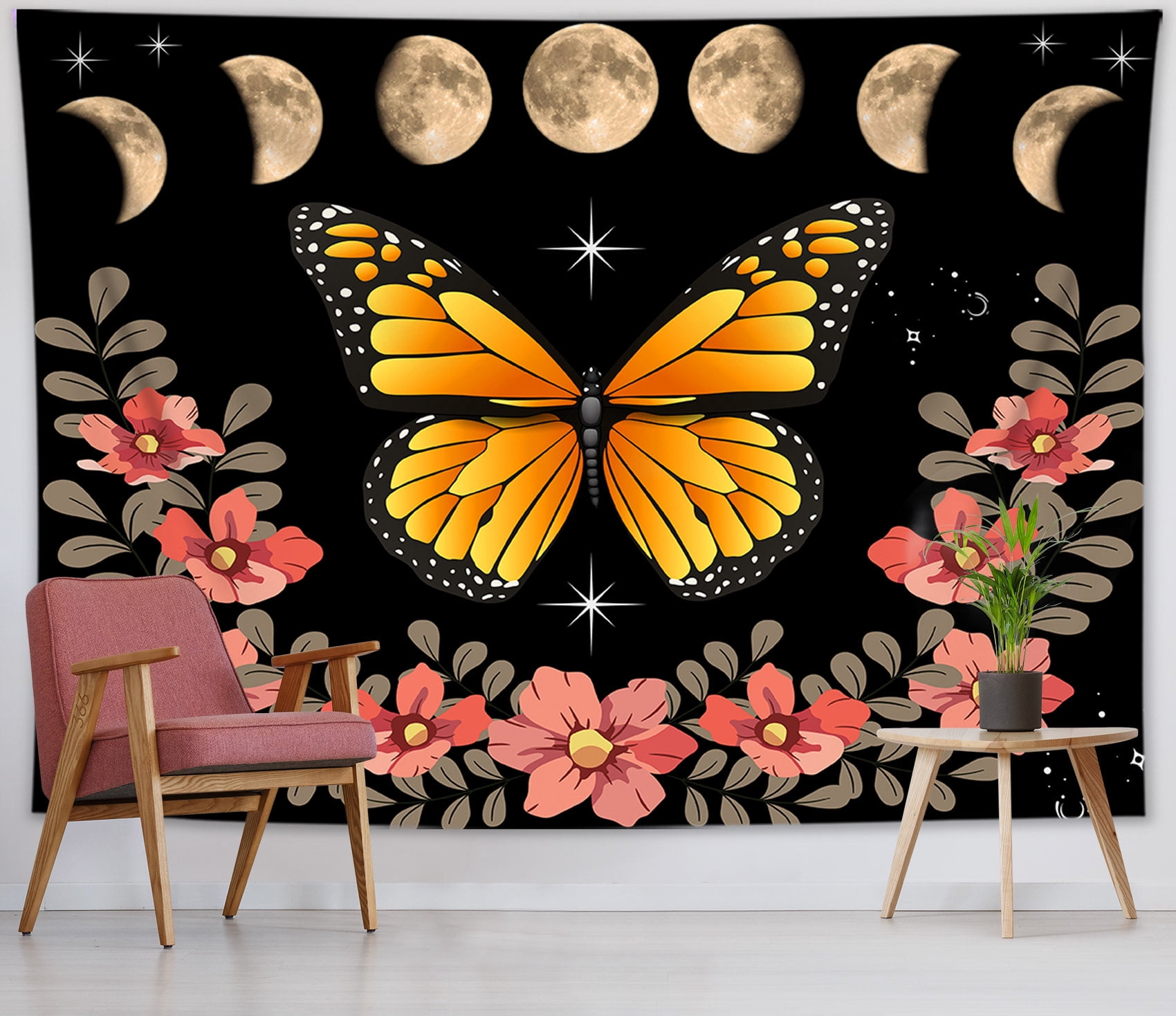 HVEST Butterfly Tapestry Moonlit Garden Tapestries Colorful Butterfly ...