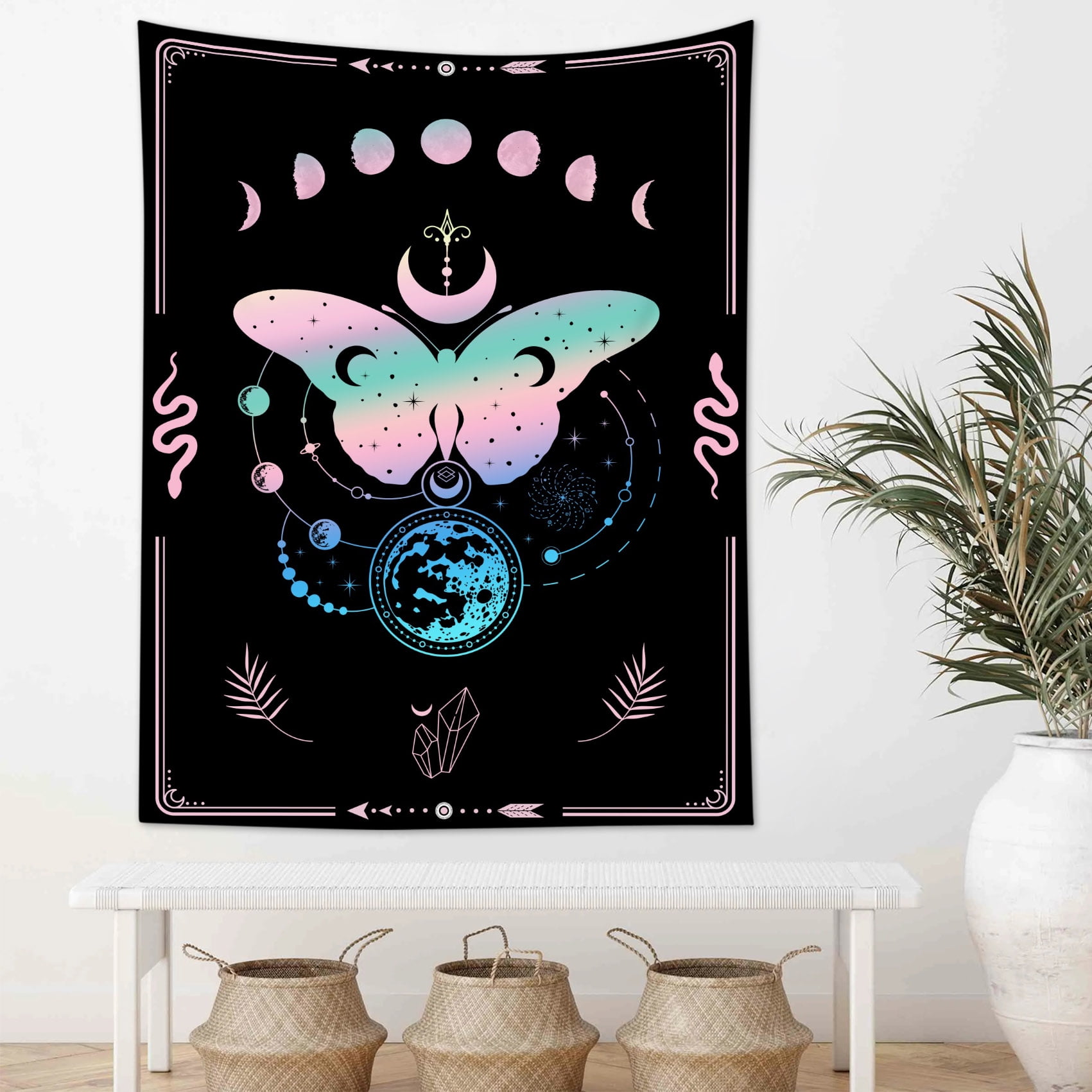 HVEST Butterfly Tapestry Vintage Butterfly Prints with Boho Moon Phase ...