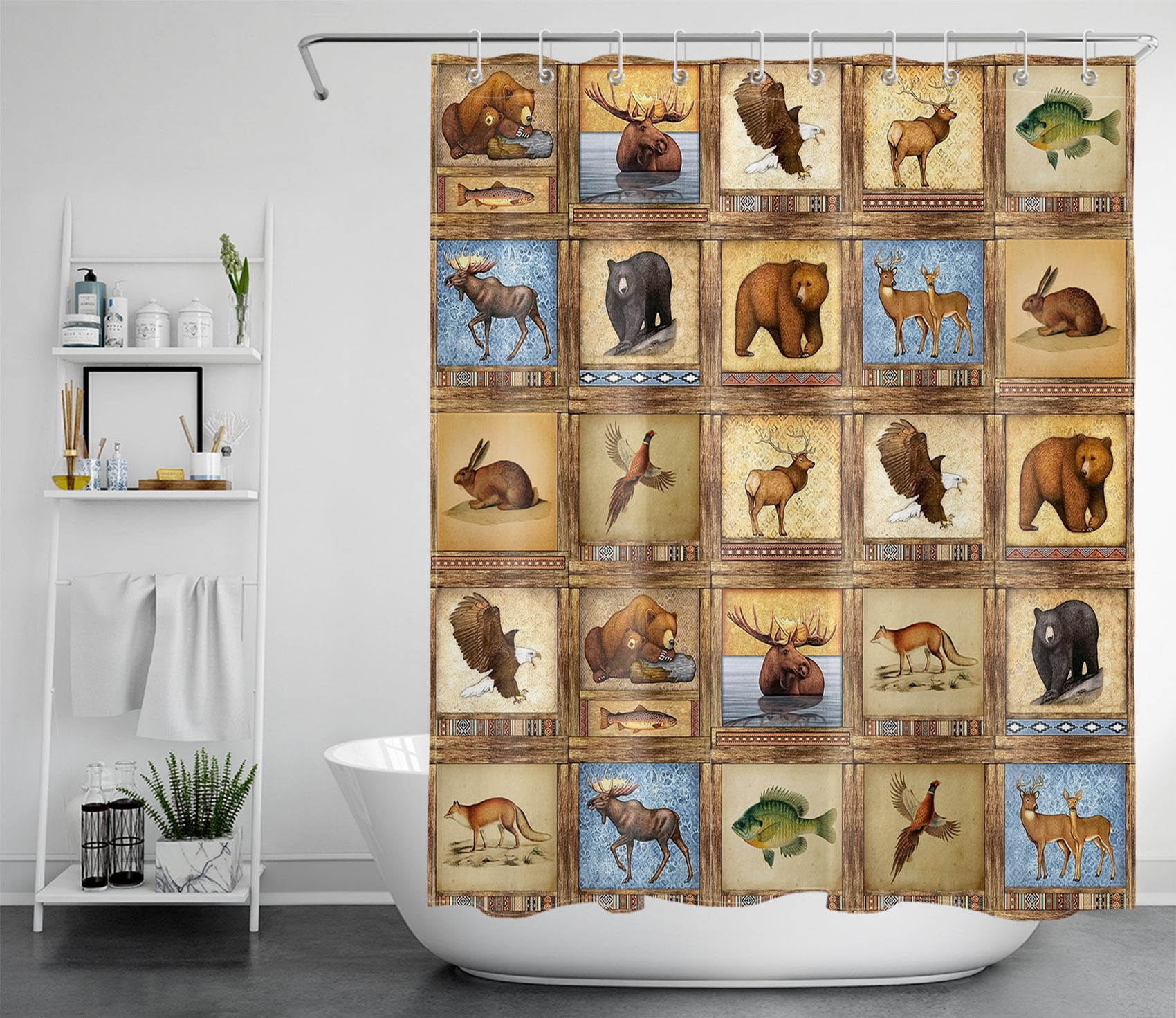 HVEST Cabin WildLife Shower Curtain, Retro Farmhouse Cabin Animals ...