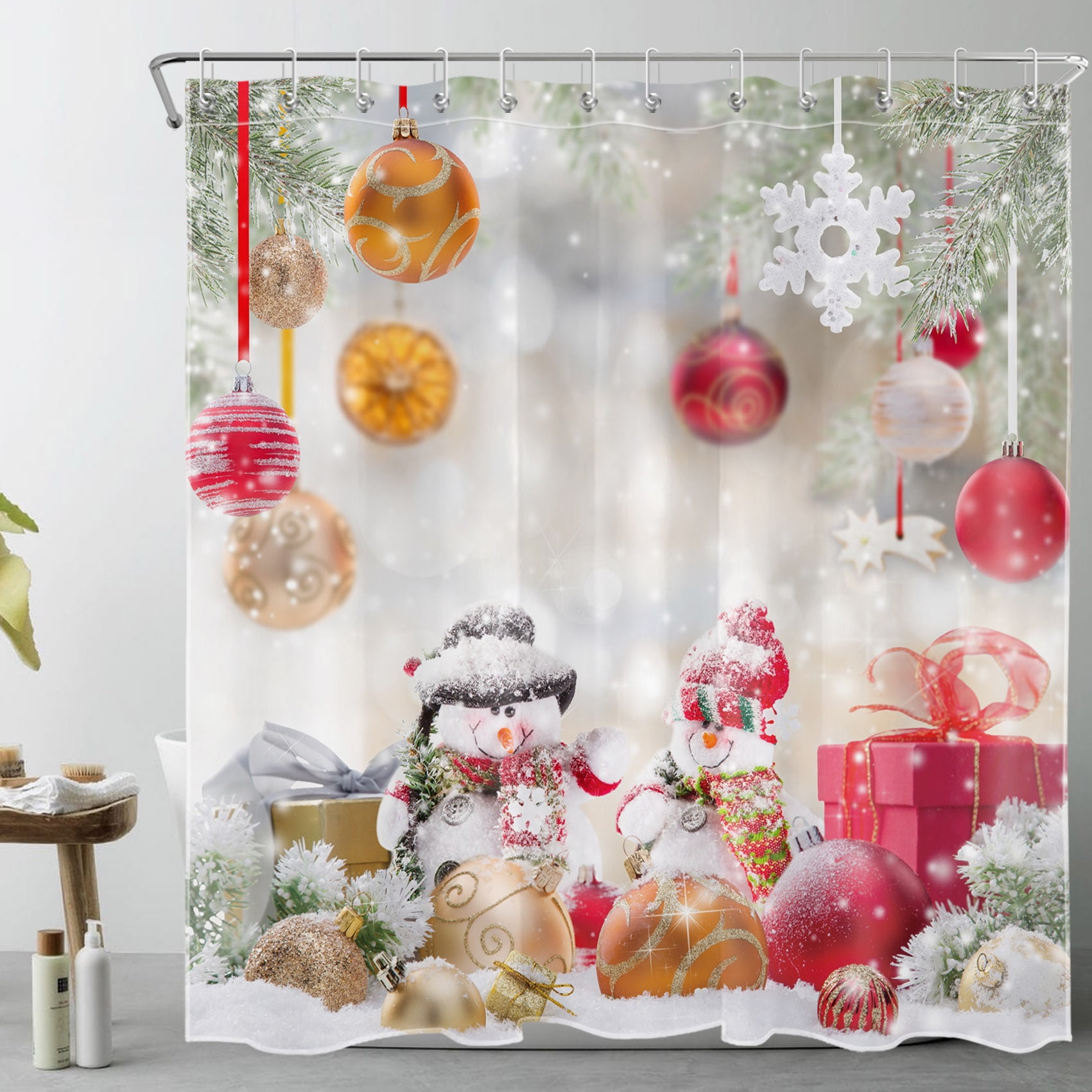 HVEST Christmas Shower Curtain,Gold with Red Christmas Ball and Snowmen ...