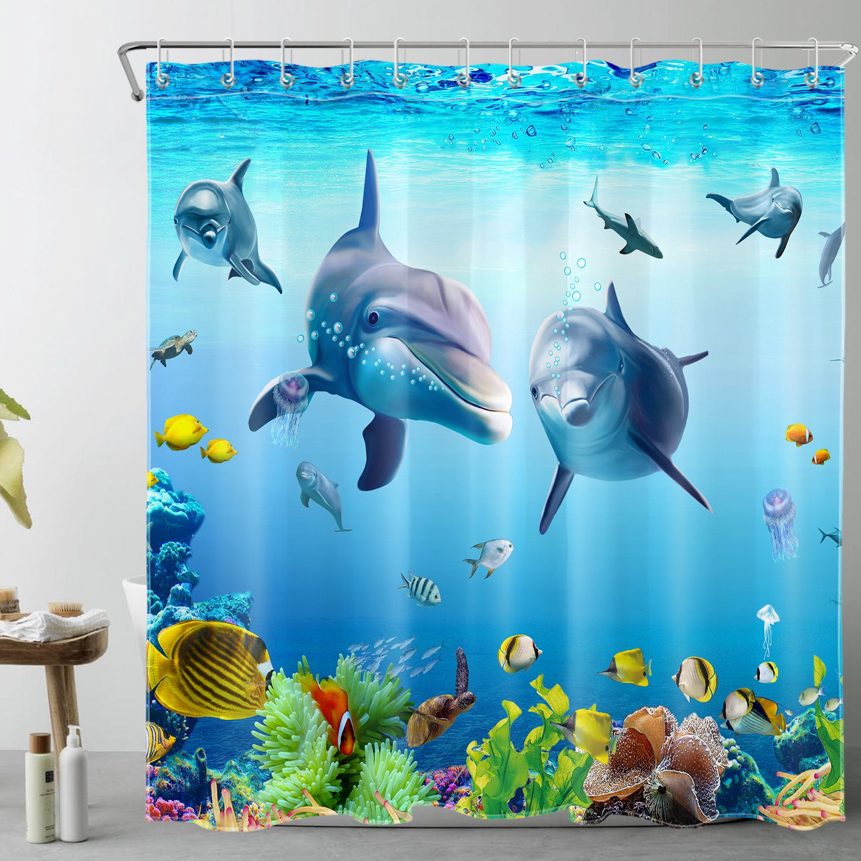 HVEST Dolphin Shower Curtain for Bathroom,Marine Life Tropical Fish and ...
