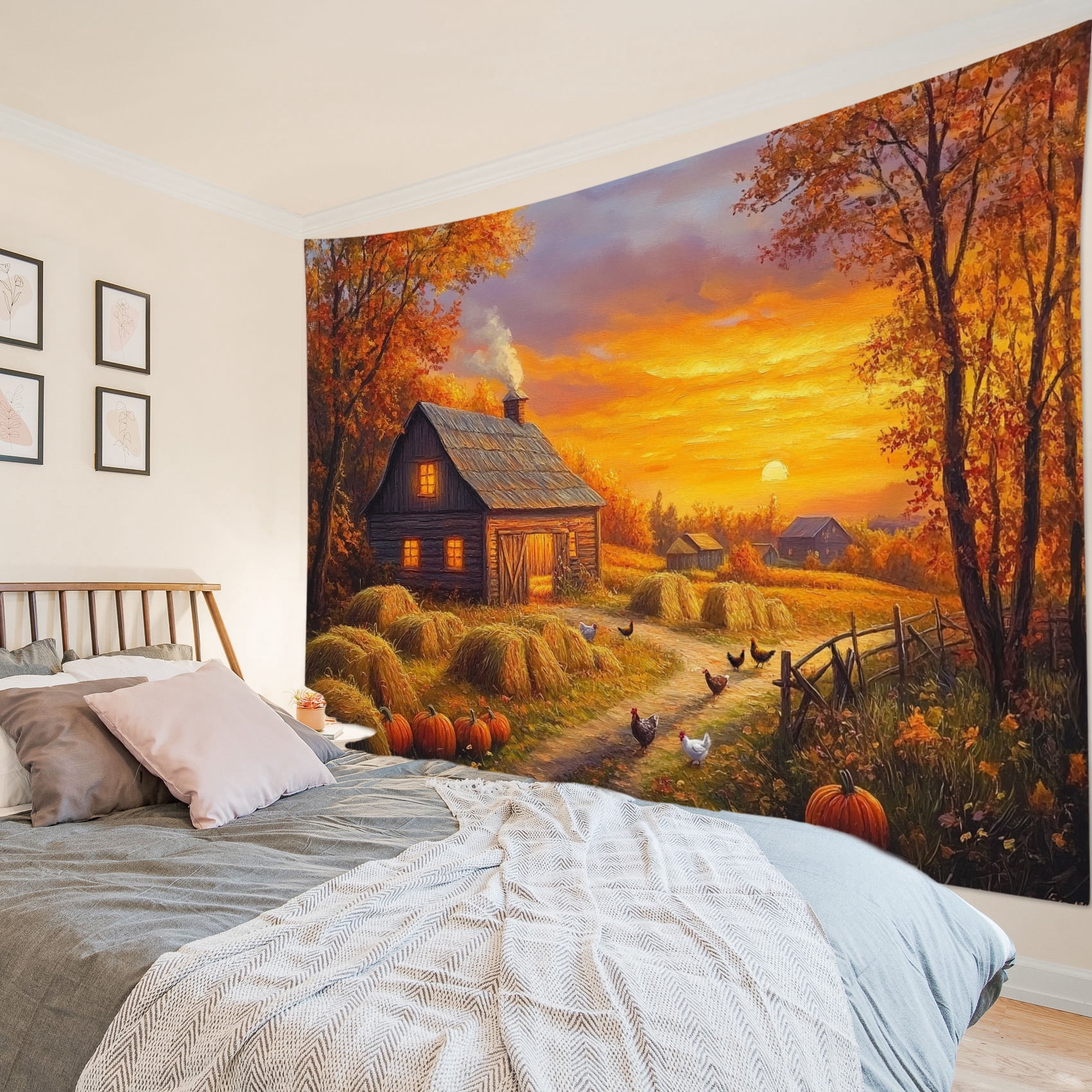 HVEST Fall Farm Pumpkin Harvest Tapestry Wall Hanging Rustic House and ...