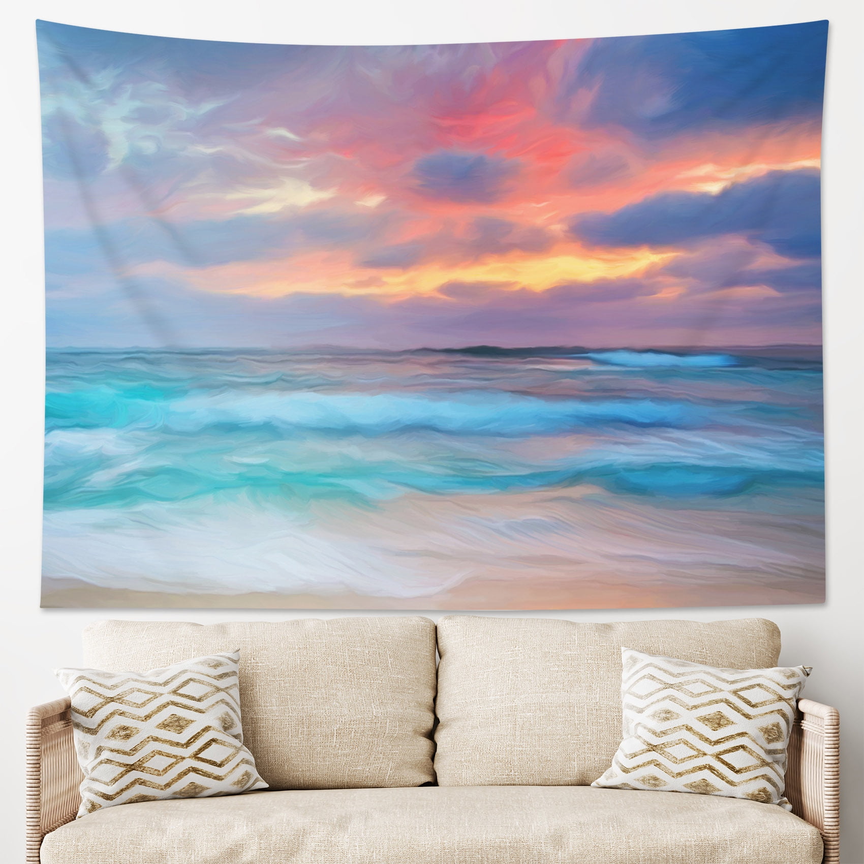 HVEST Fantasy Sky Tapestry Pink Cloud Sunset with Blue Sea Beach ...