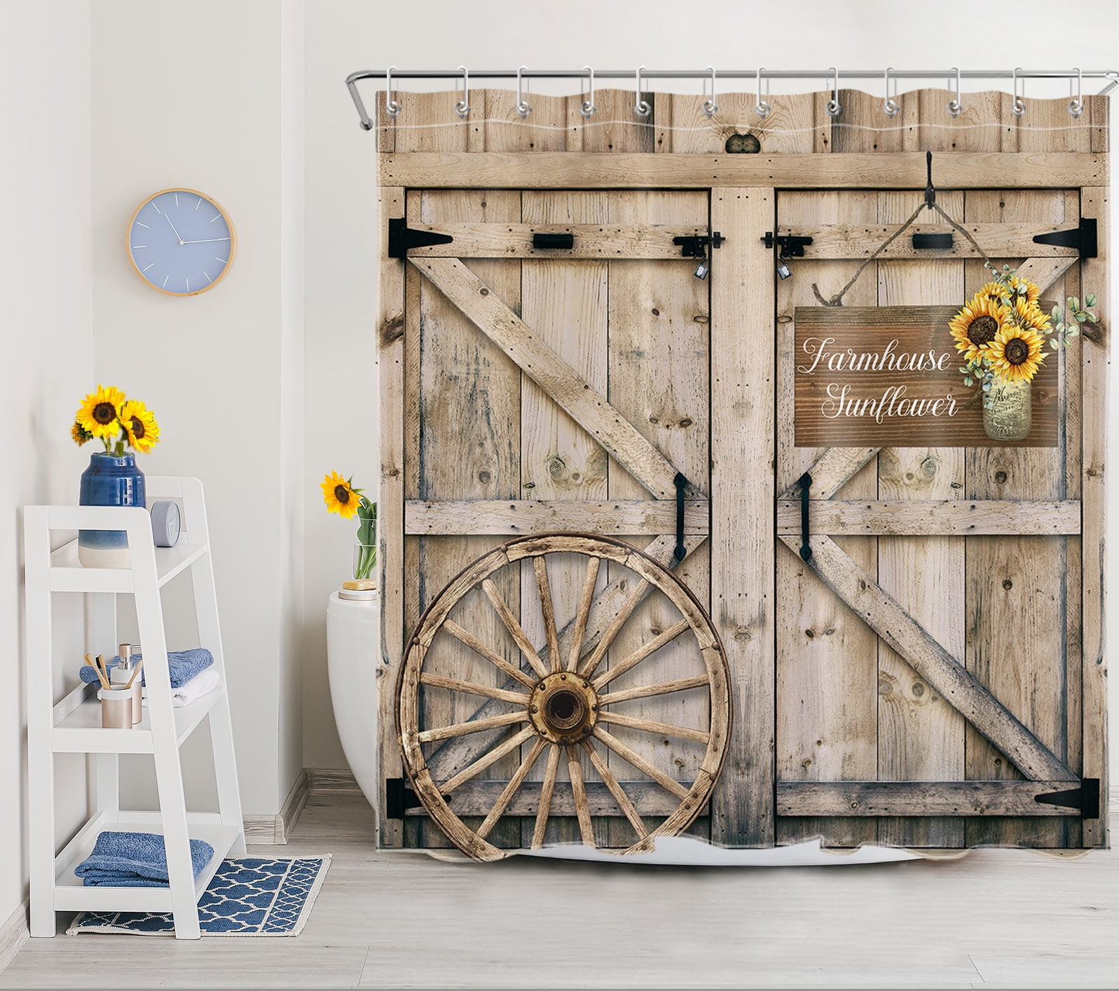 HVEST Farm Shower Curtain, Retro Barn Door & Sunflower Decor, Rustic ...