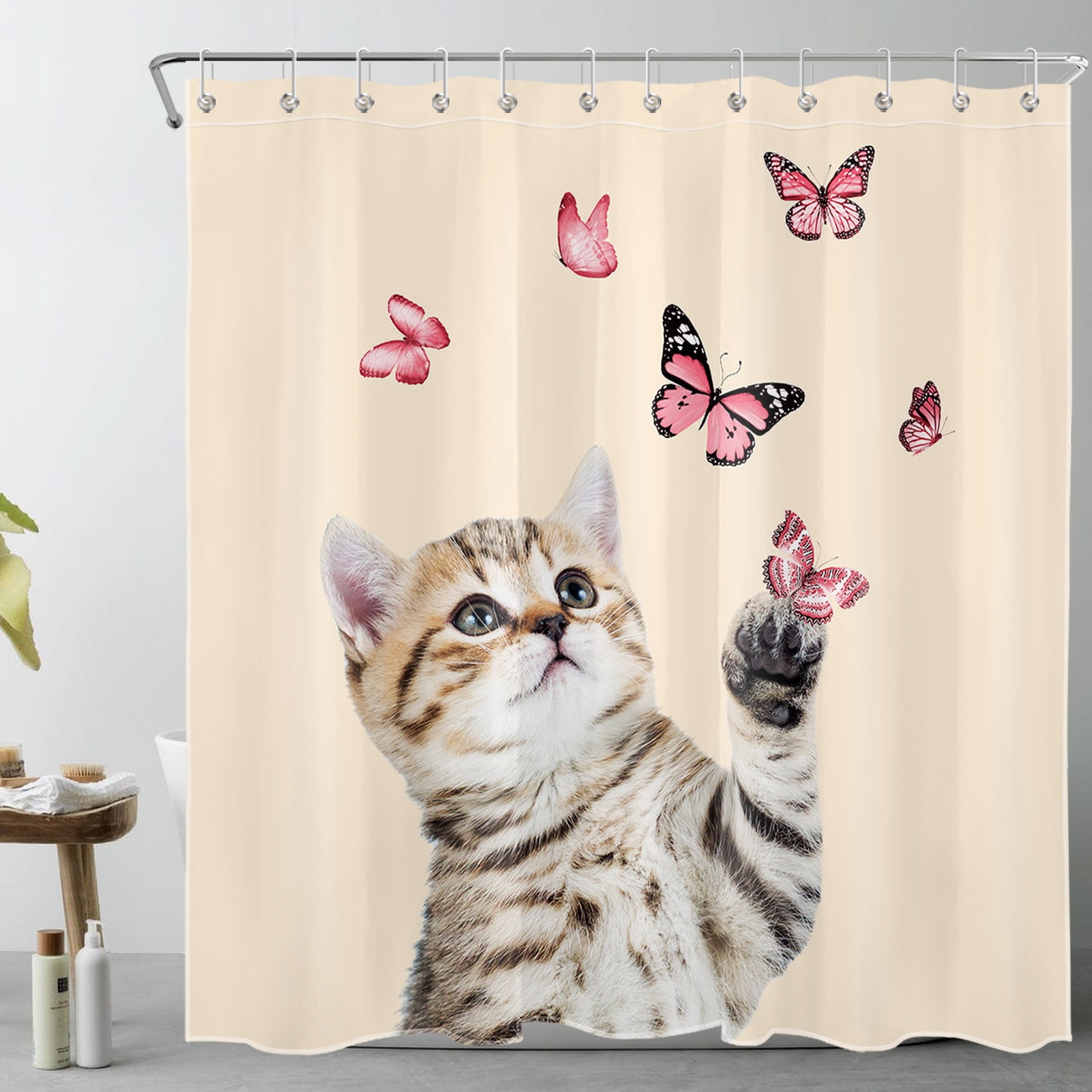 HVEST Funny Cat Shower Curtain Decor, Pink Butterfly and Cute Animal on ...