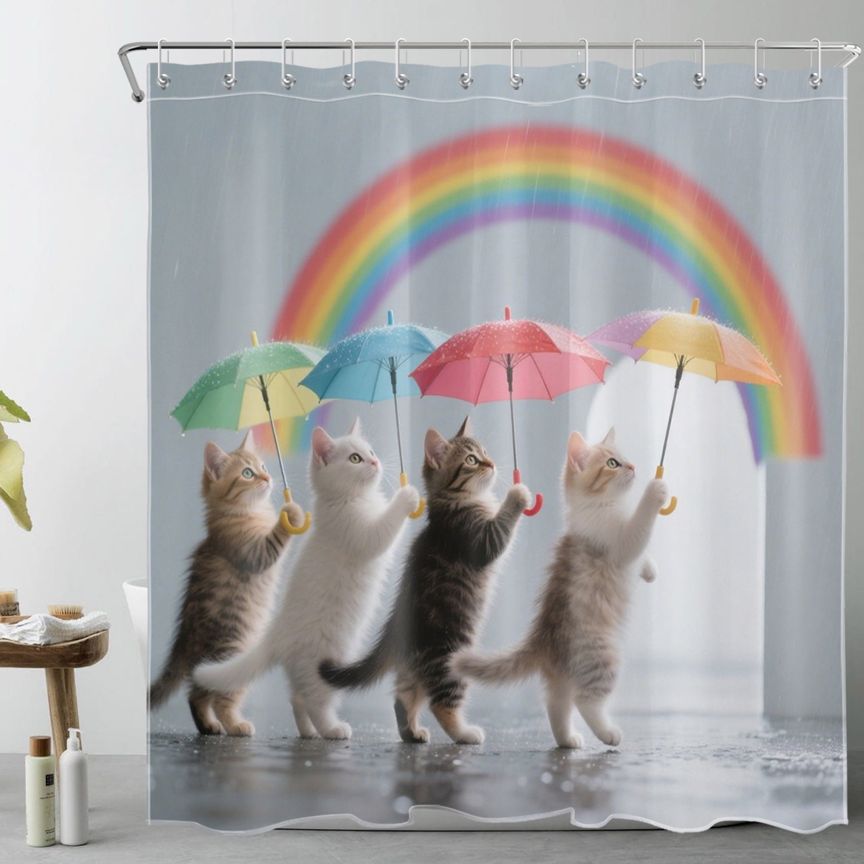 HVEST Funny Cute Cat Animal Shower Curtain with Rainbow and Umbrella ...