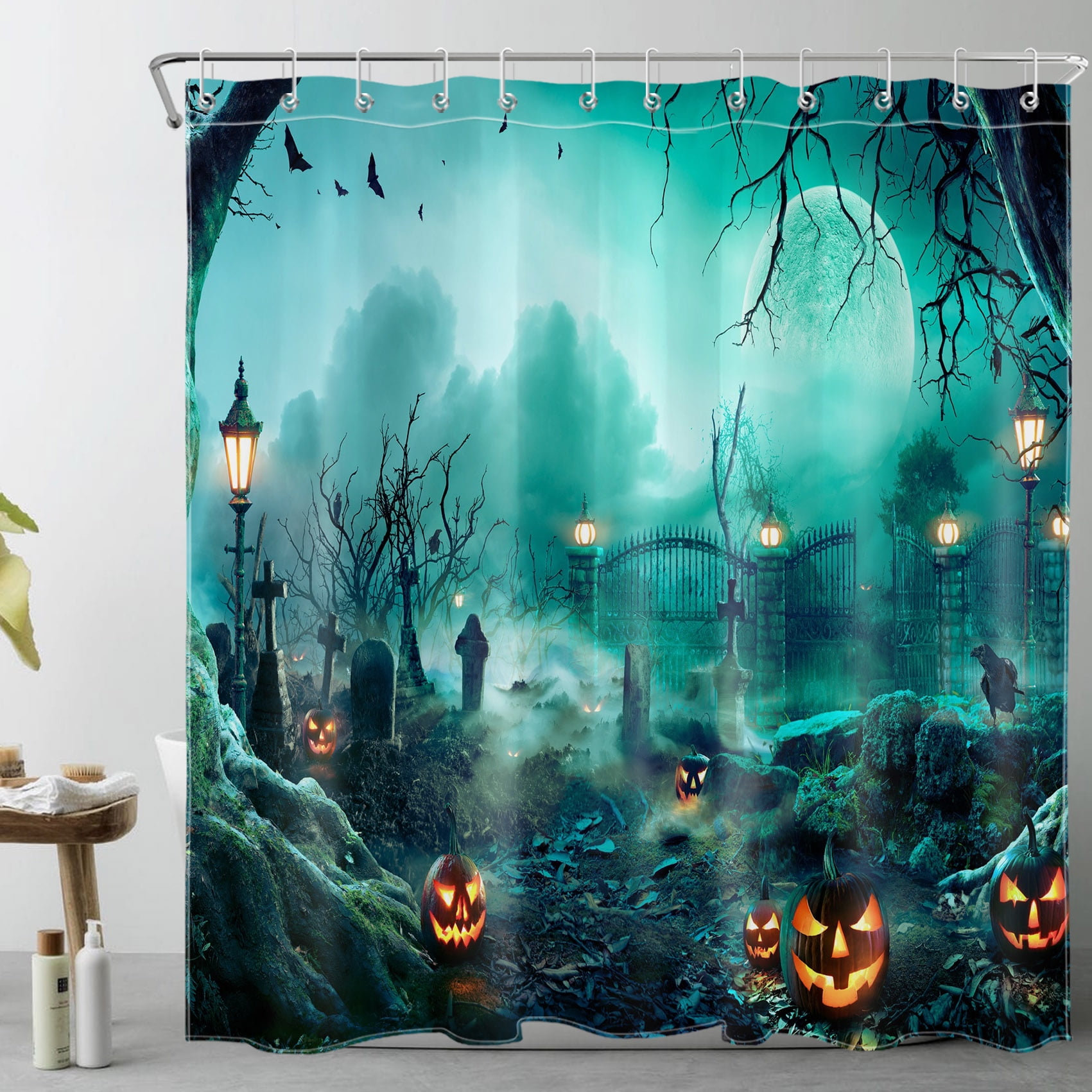 Hvest Halloween Spooky Graveyard Shower Curtain For Bathroom Scary
